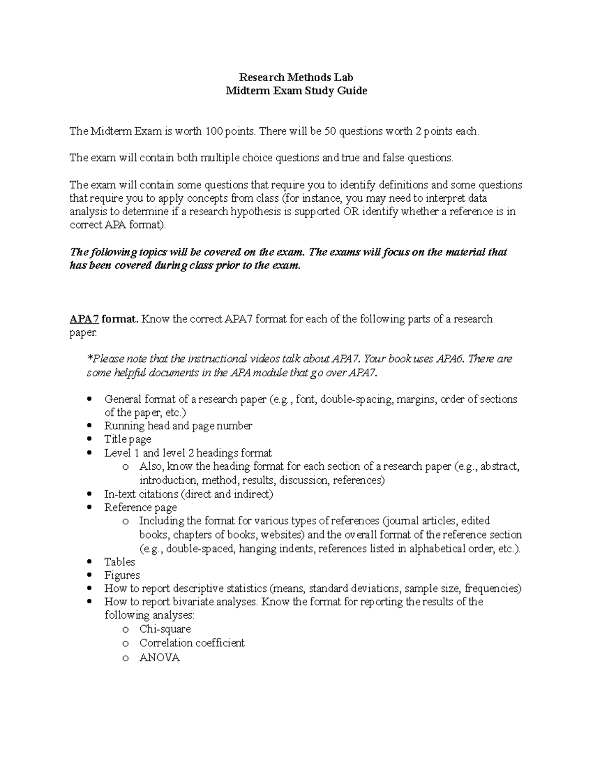 Research Methods Lab Midterm Study Guide - Fall 2020 - Research Methods ...