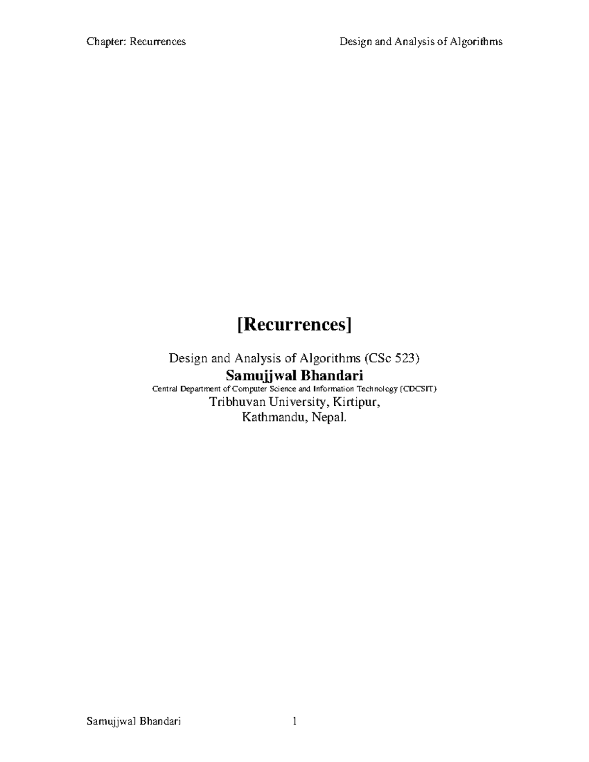 3 Recurrences Notes For Design And Analysis Of Algorithms [recurrences] Design And Analysis