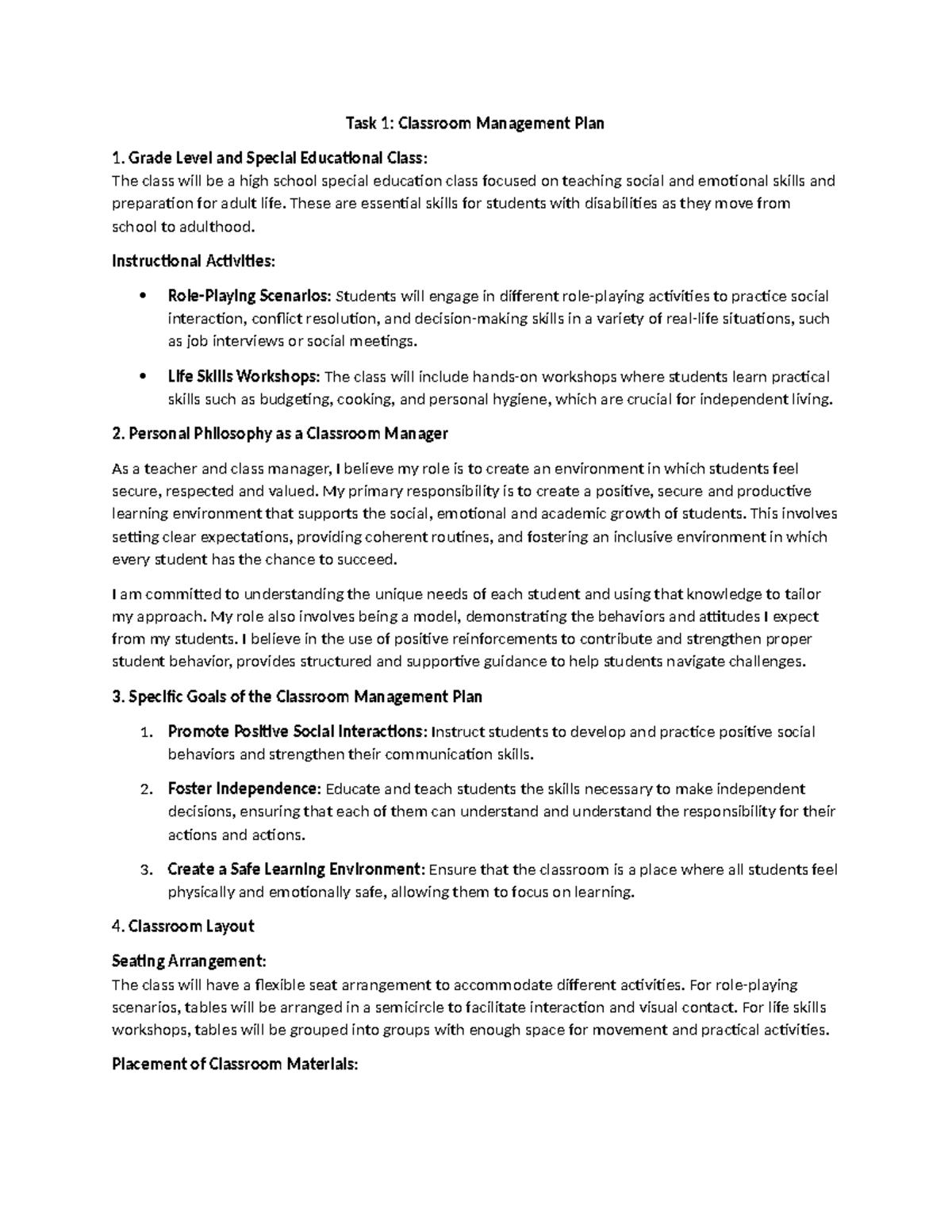 Task 1 - Task 1 - Task 1: Classroom Management Plan Grade Level and ...