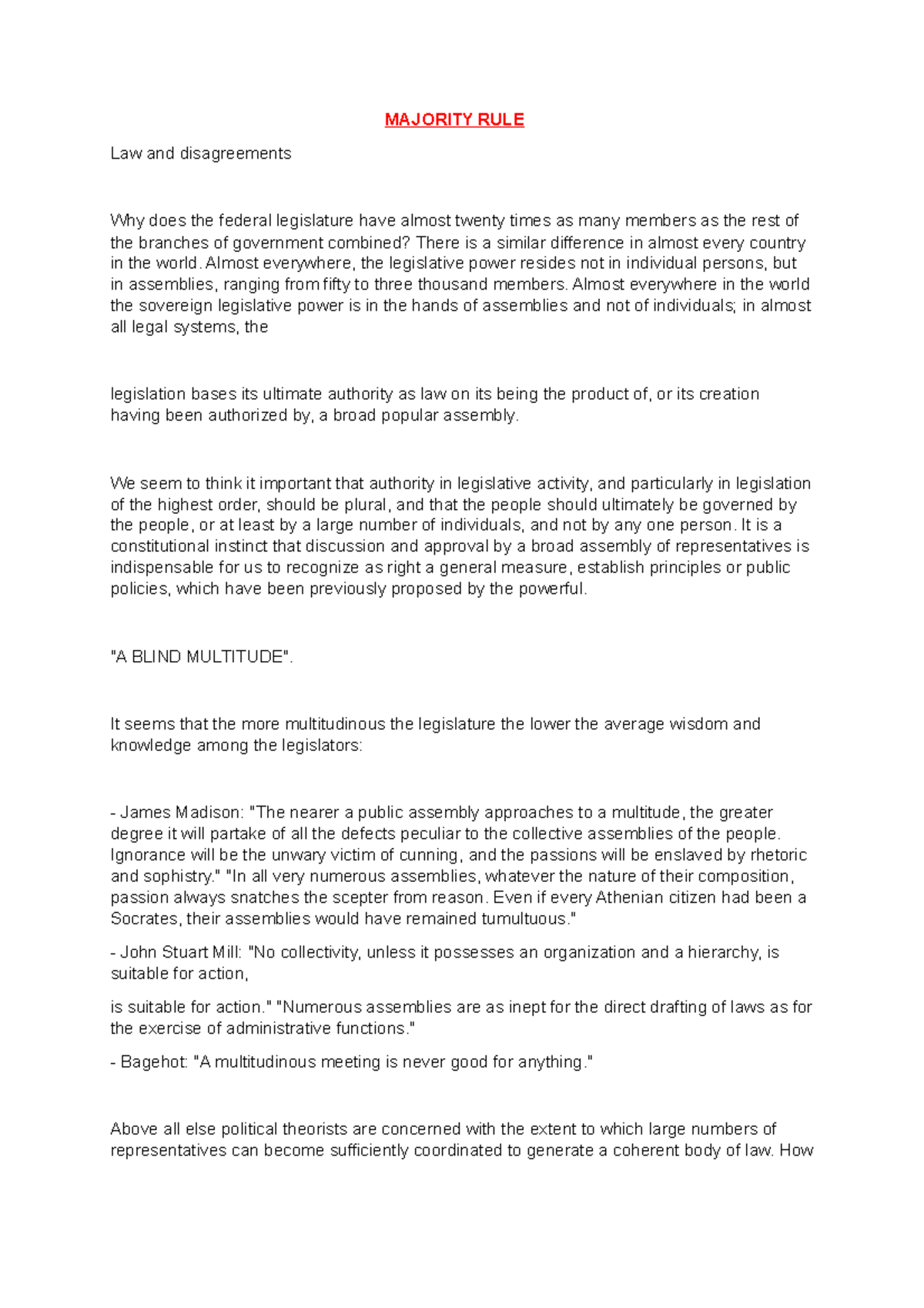Constitutional law chapter 7 14 - MAJORITY RULE Law and disagreements ...