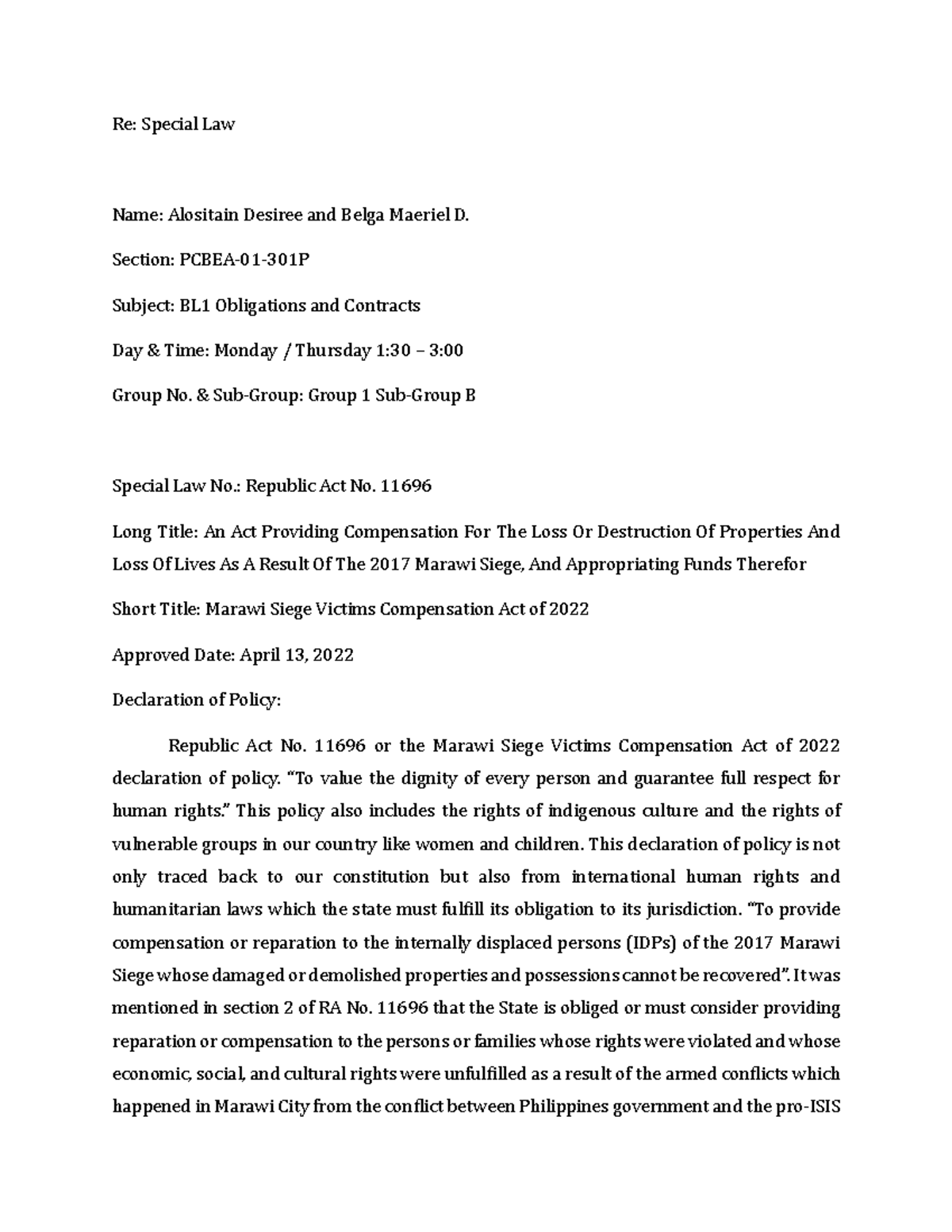 Re Special Laws - RA 11696 - Re: Special Law Name: Alositain Desiree ...