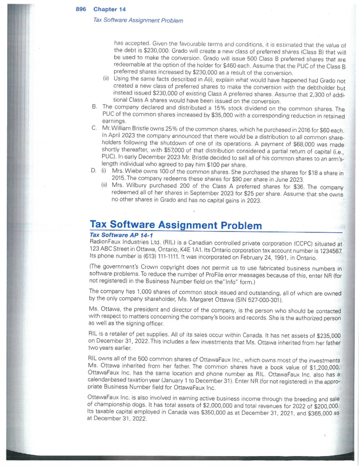 Tax case 2023-24 Edition - 896 Chapter 14 Tax Software Assignment Problem has accepted. Given ...
