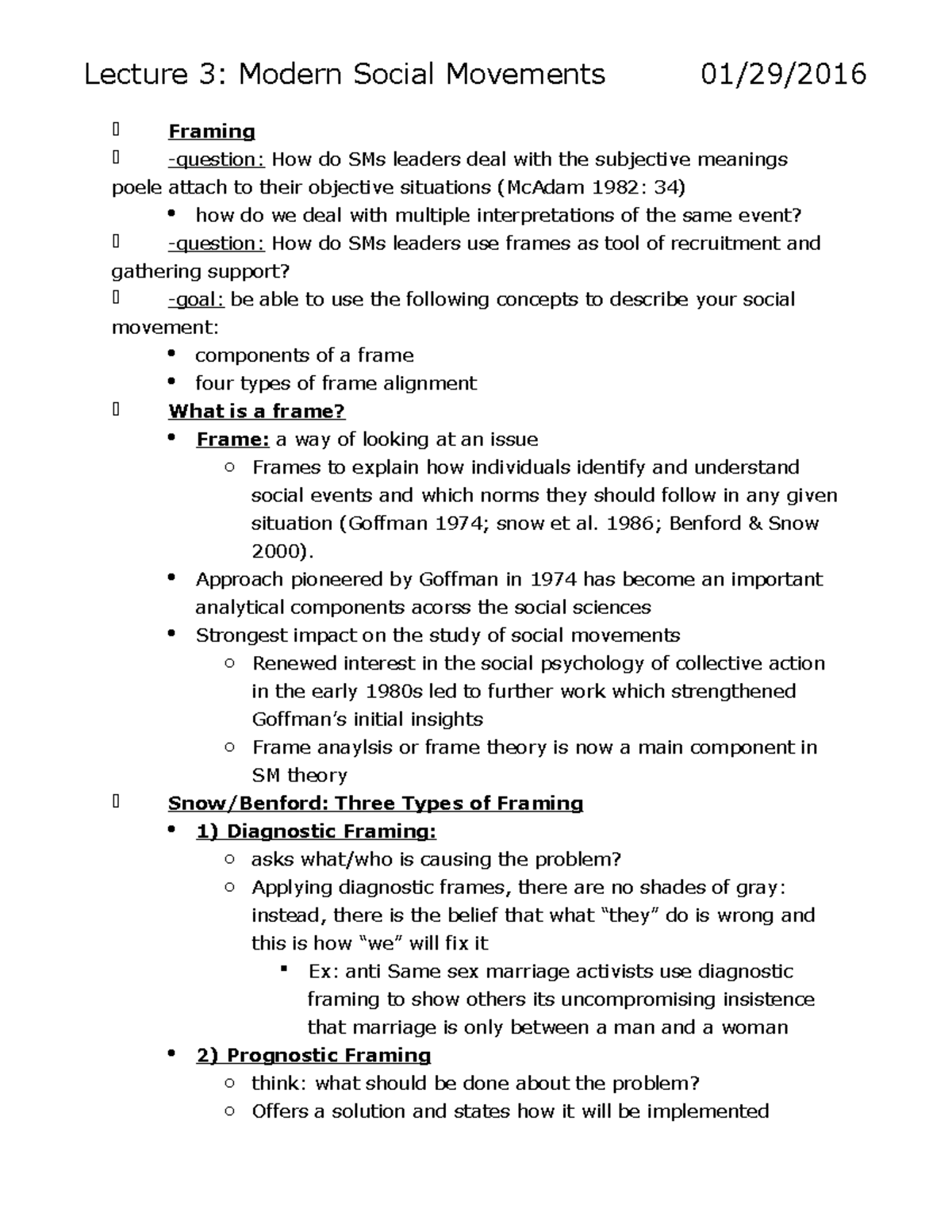 Lecture 3 - Lecture 3: Modern Social Movements 01/29/ Framing -question ...