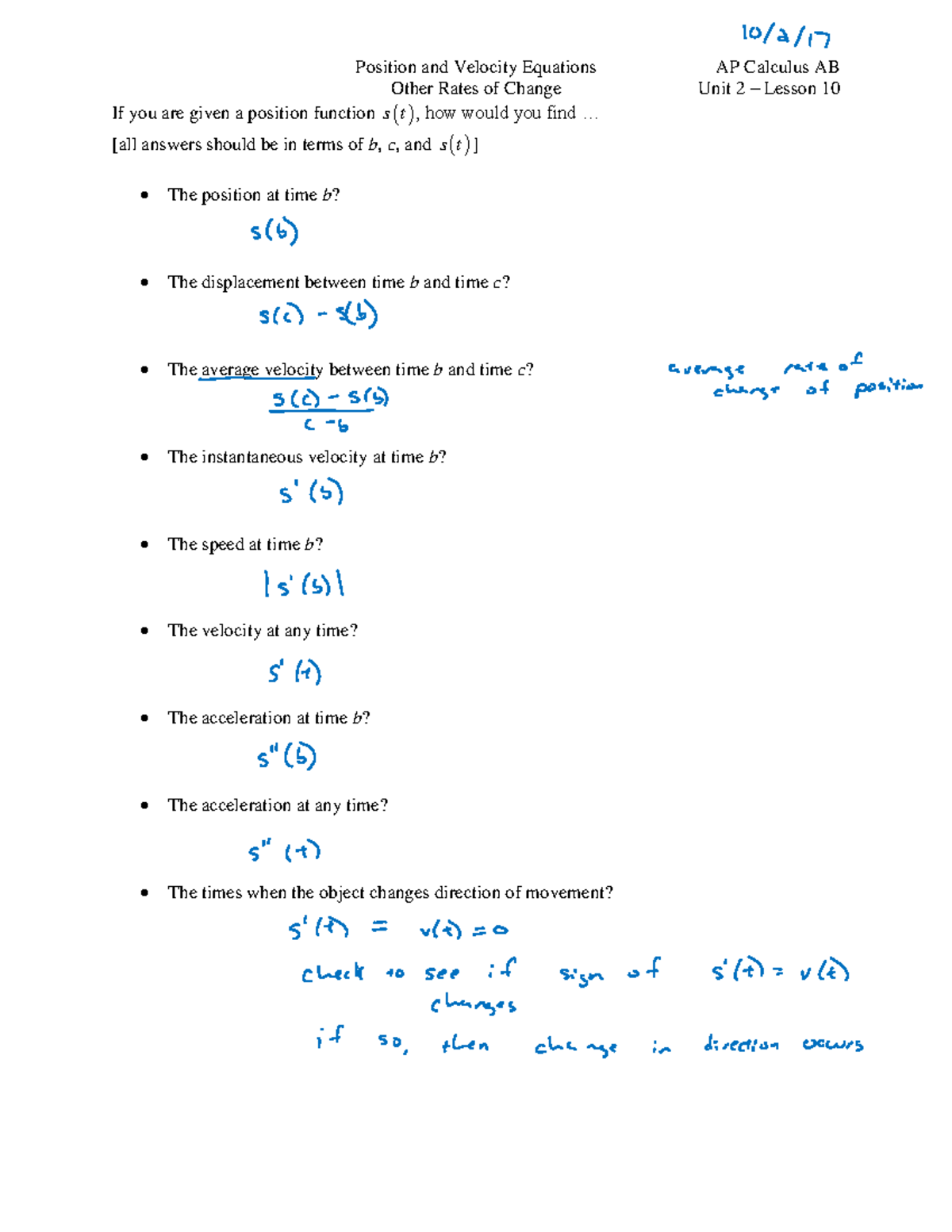 Lesson 10 - more motion and other rates of change - Position and ...