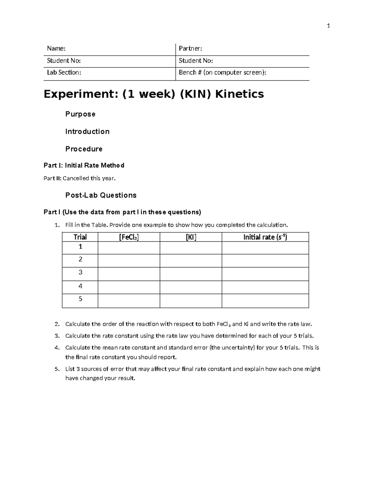 Template Kinetics - Name: Partner: Student No: Student No: Lab Section ...