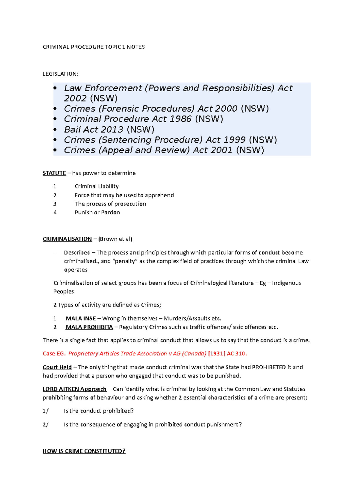 Criminal Procedure - readings - CRIMINAL PROCEDURE TOPIC 1 NOTES ...