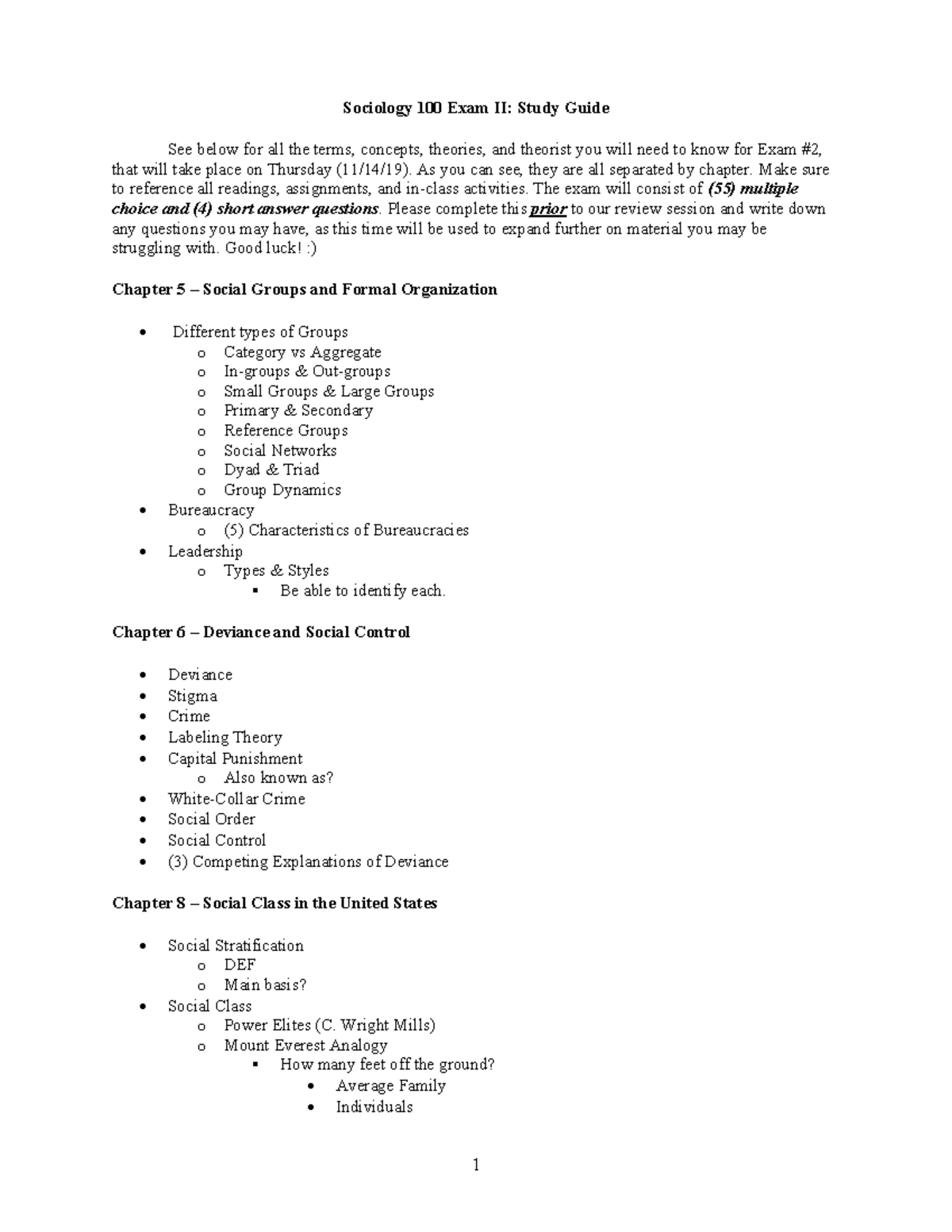 Soc 100- Study Guide for Exam 2 - Warning: TT: undefined function: 32 Sociology 100 Exam II ...