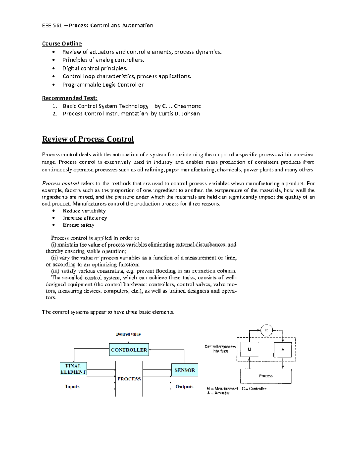 Lecture Note - Introduction - EEE 561 – Process Control and Automation Course Outline • Review ...