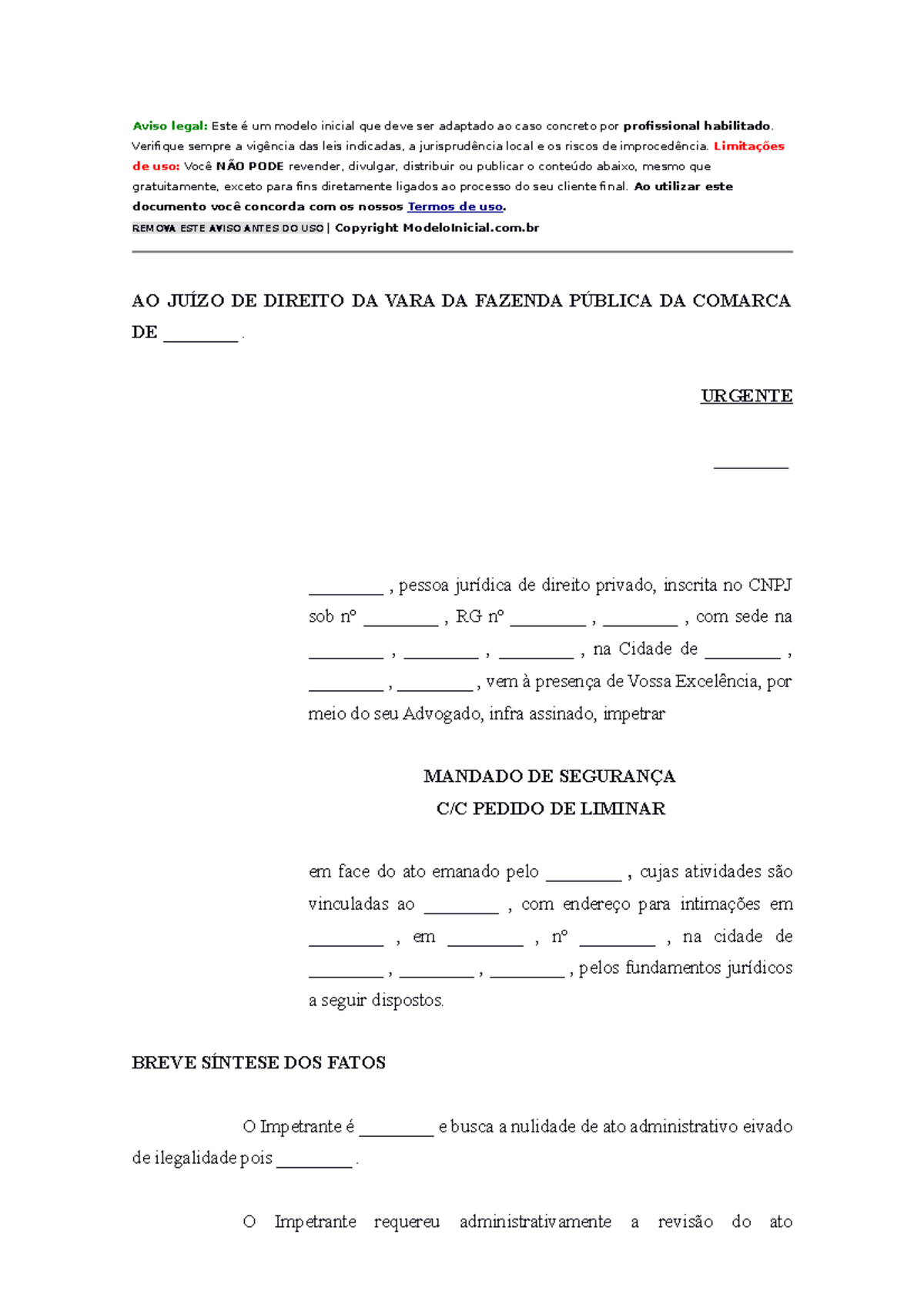 Mandado-seguranca - modelo mandado de segurança - Aviso legal: Este é ...