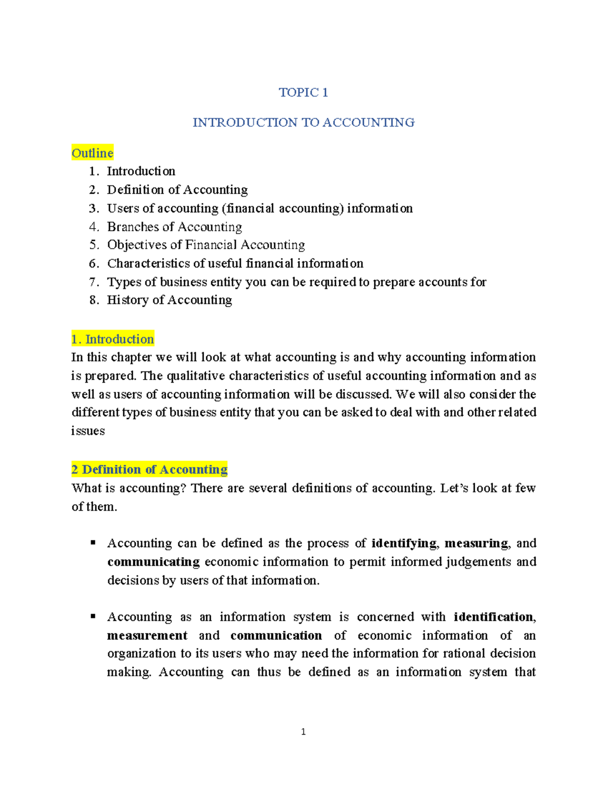 Edited Topic 1 - Financial accounting - TOPIC 1 INTRODUCTION TO ...