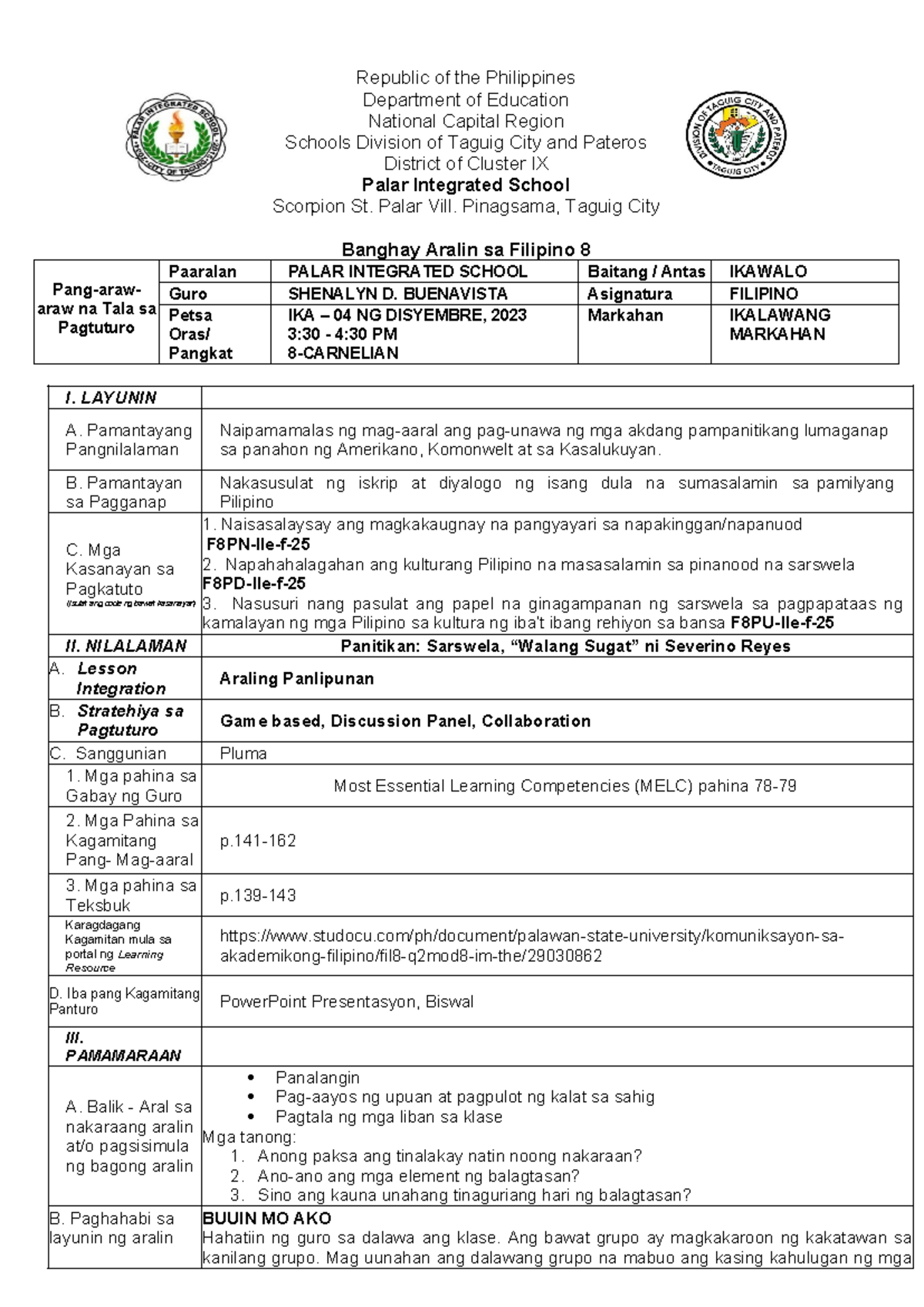 COT 2 LP IN Filipino - education - Republic of the Philippines ...