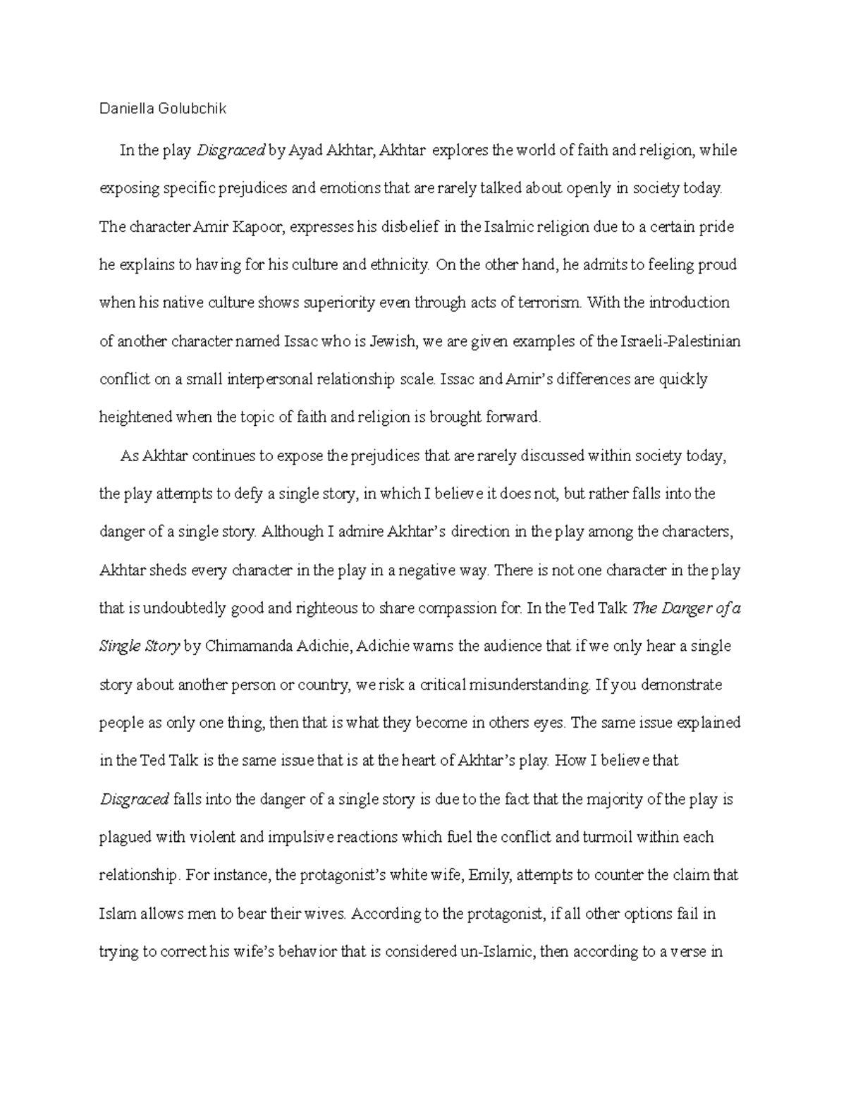 Disgraced Response - Daniella Golubchik In the play Disgraced by Ayad ...