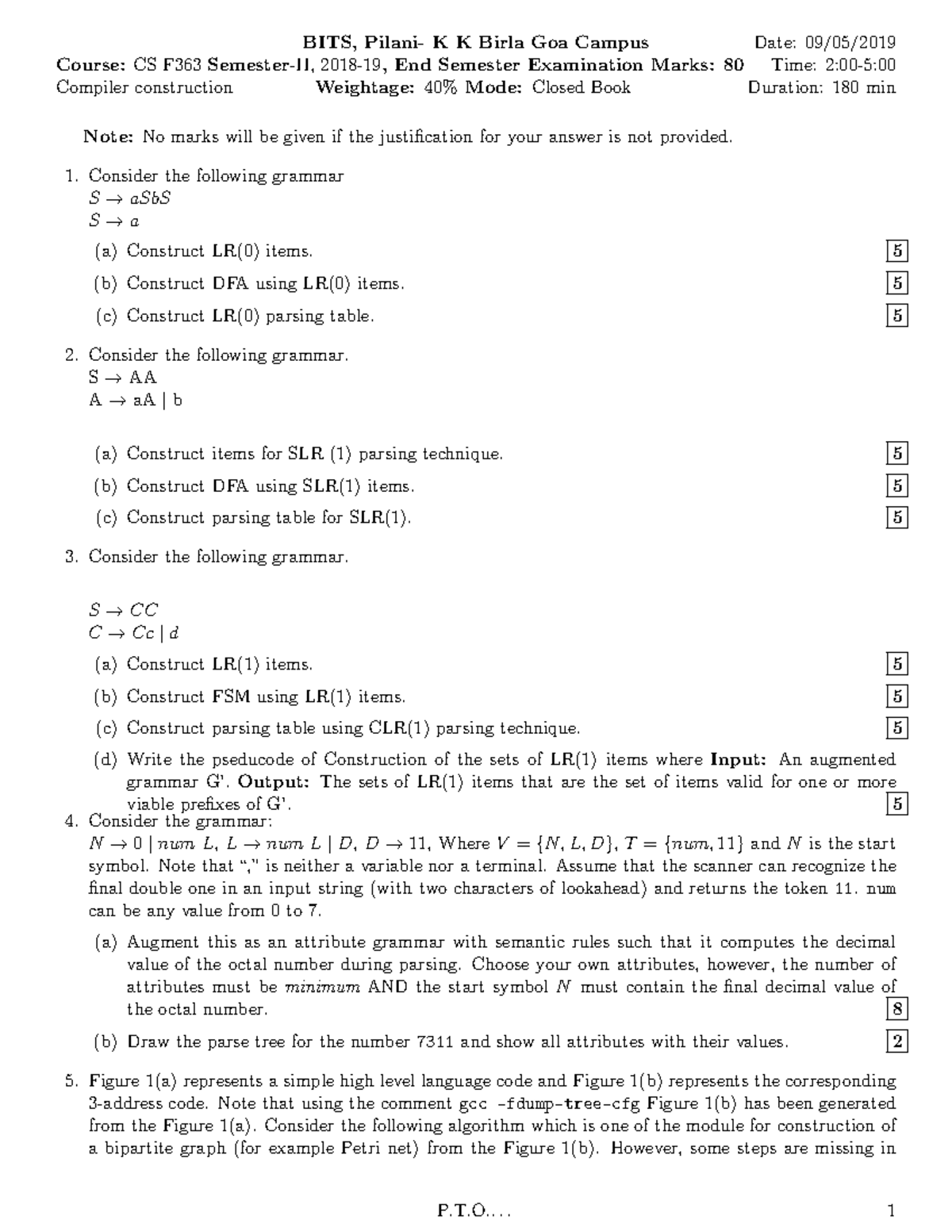 Compre Question - Course: CS F Compiler construction BITS, Pilani- K K Birla Goa Campus Semester ...