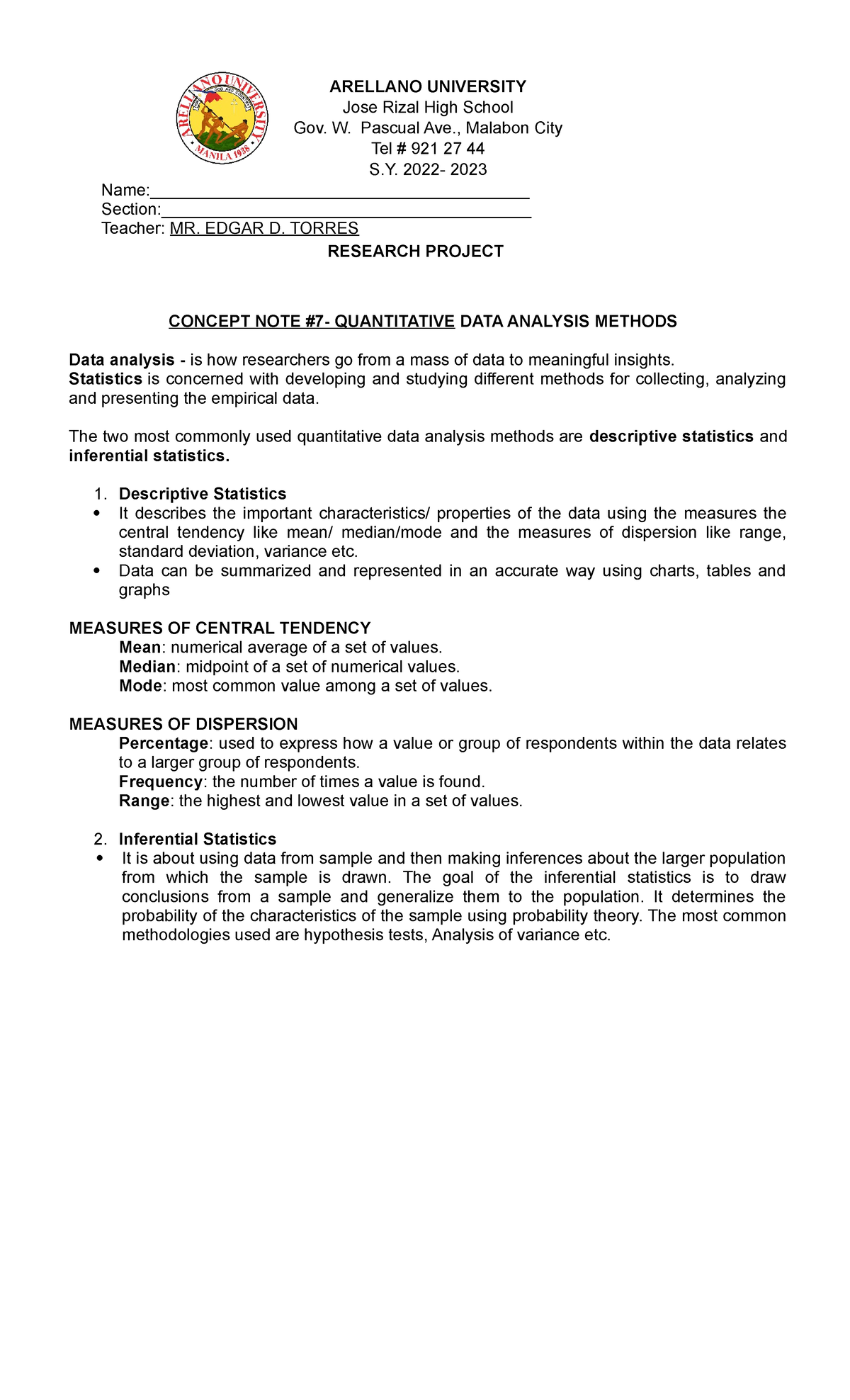 Concept NOTE #7 - Quantitative DATA Analysis Methods - ARELLANO ...