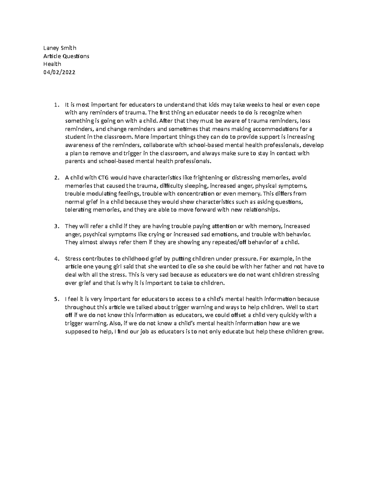 Article questions - This was part of the work we had to do. - Laney ...