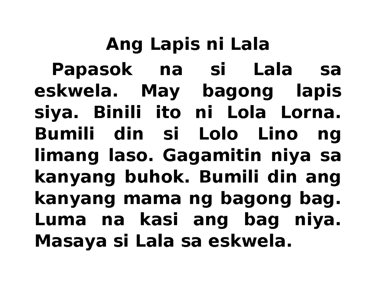 Ang Lapis ni Lala - Reading Material. - Education, Araling Panlipunan ...