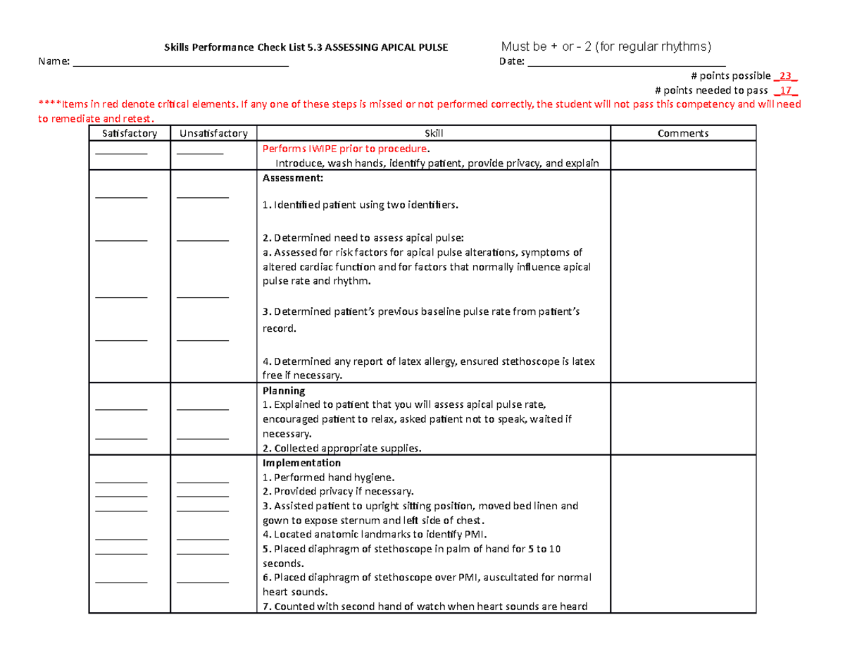 SPC - Assessing Apical Pulse - Skills Performance Check List 5 ...