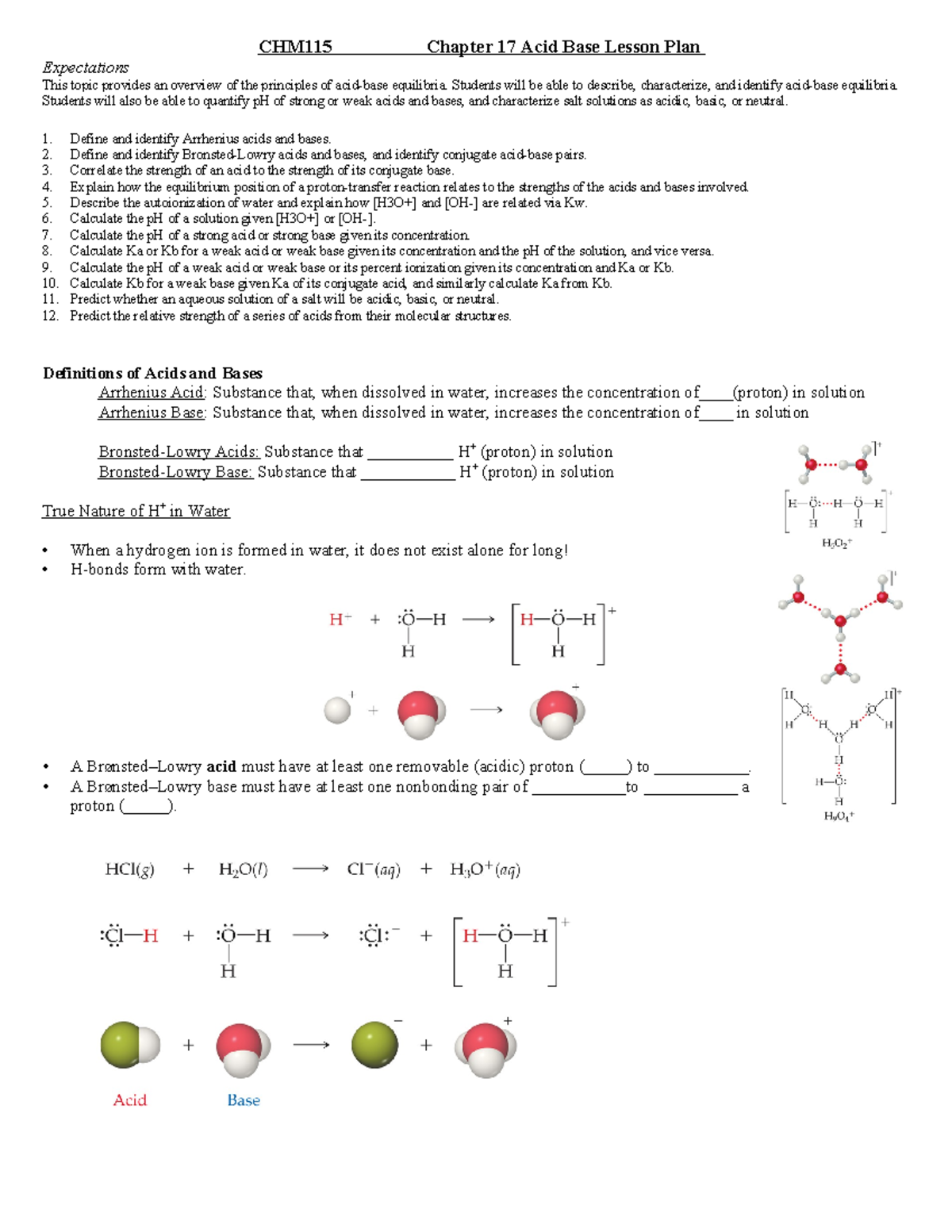 Ch 17 Acid Base Lesson Plan FA2024 - CHM115 Chapter 17 Acid Base Lesson ...