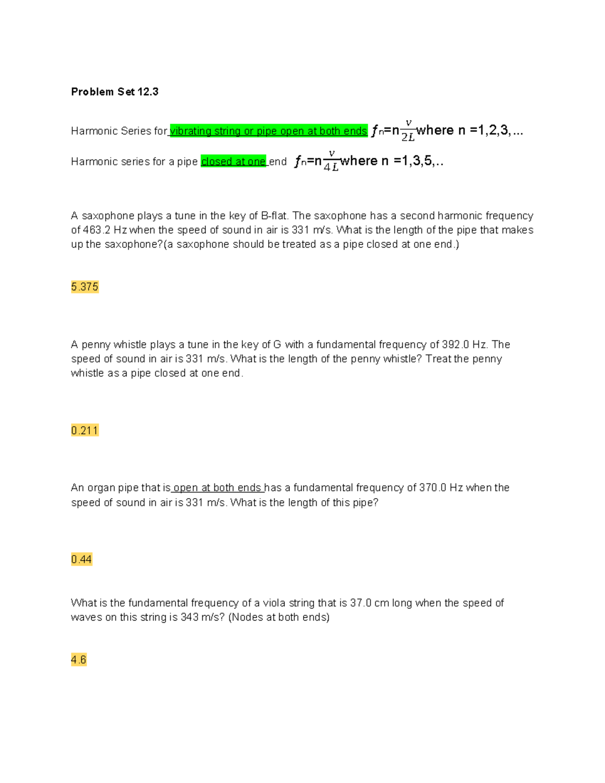 Copy of Problem Set 12 - Daily warm up - Problem Set 12. Harmonic Series for vibrating string or ...