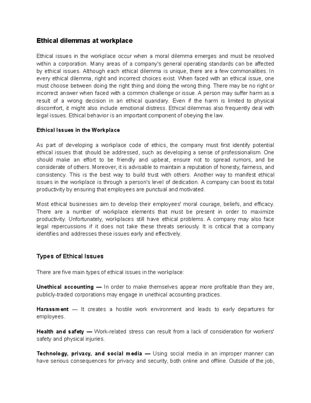 Ethical dilemmas at workplace - Ethical dilemmas at workplace Ethical ...