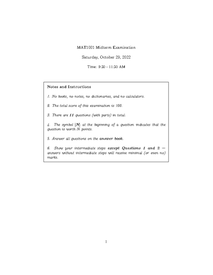 Midterm Exam MAT 1002 2021 - MAT 1001 Midterm Exam, 10:00am -Noon ...