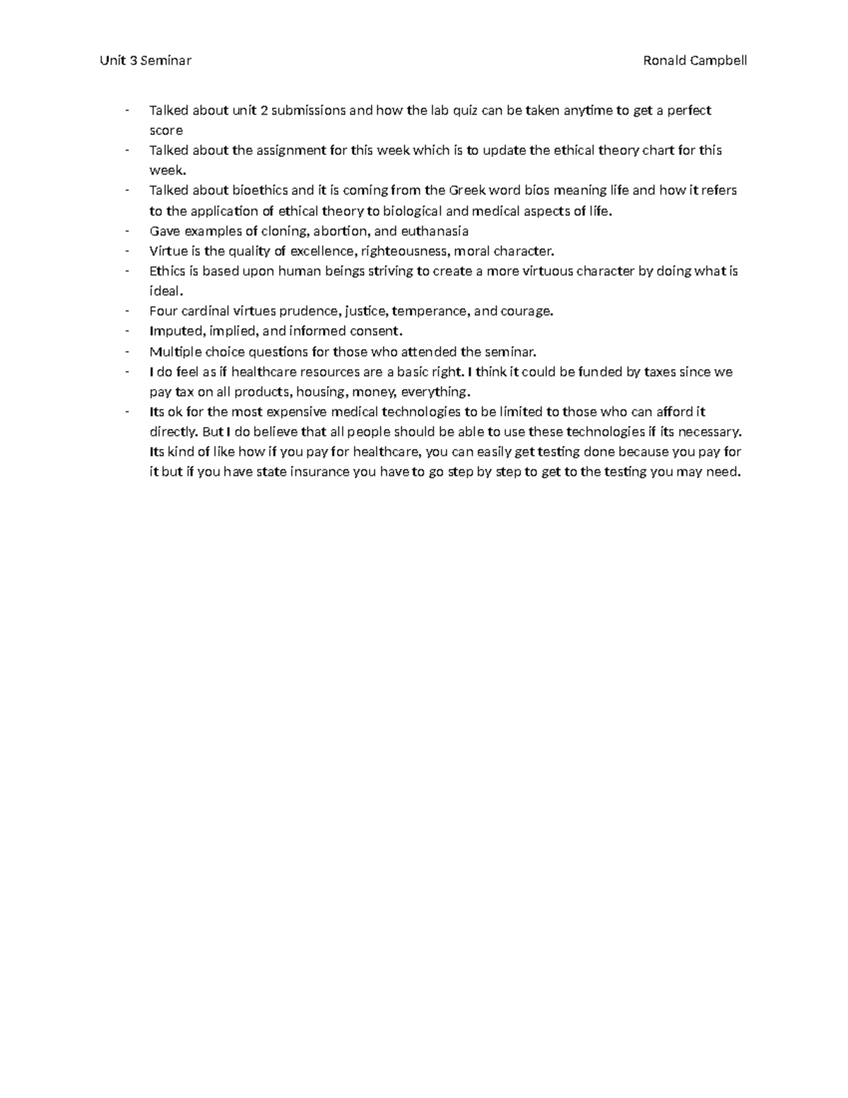 Unit 3 Seminar Ethics - notes taken from weekly zoom meeting - Unit 3 ...