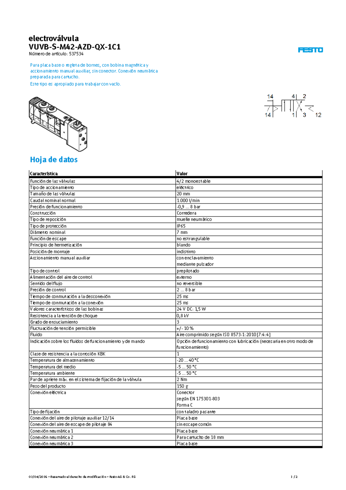 Hoja de datos Valvula VUVB-S-M42-AZD-QX-1C1 - electroválvula VUVB-S-M42-AZD-QX-1C Número de ...