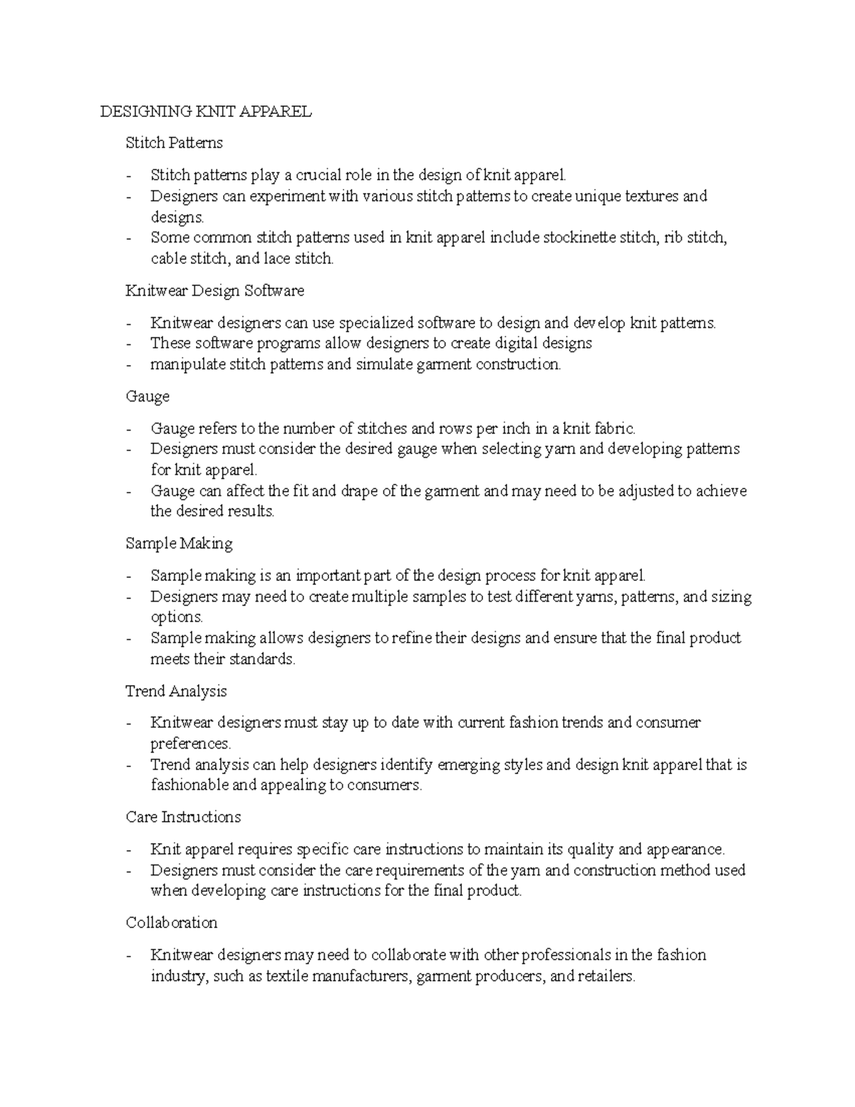 Designing KNIT Apparel Notes 2 - DESIGNING KNIT APPAREL Stitch Patterns ...