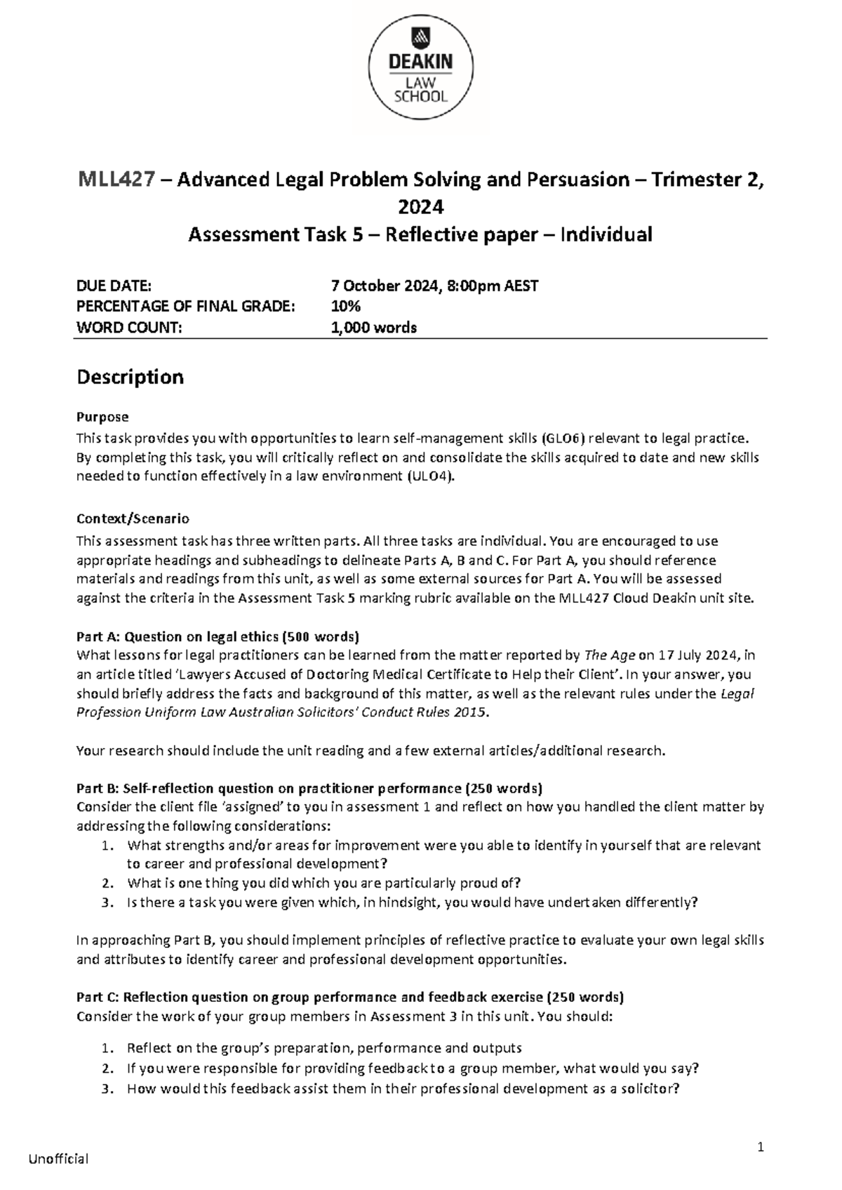 Assessment Brief MLL427 T2, 2024 Assessment 5 - 1 Unofficial MLL427 ...