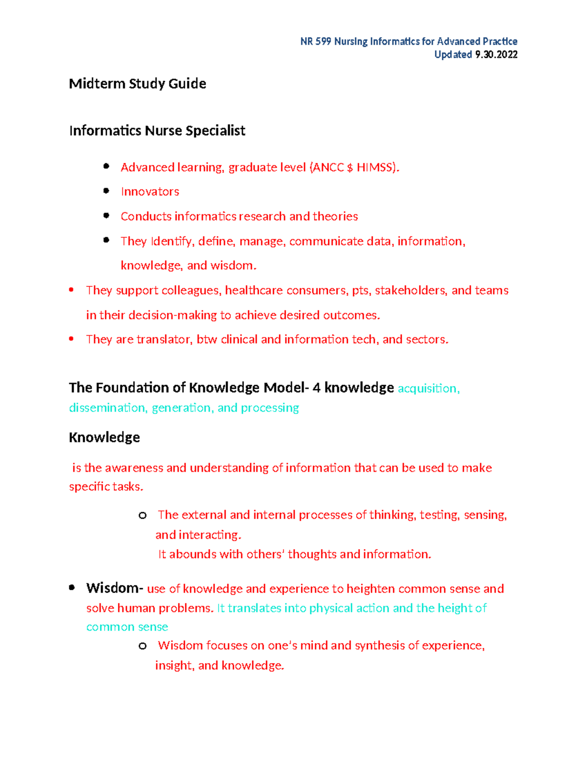 Midterm Study Guide - Updated 9. Midterm Study Guide Informatics Nurse ...