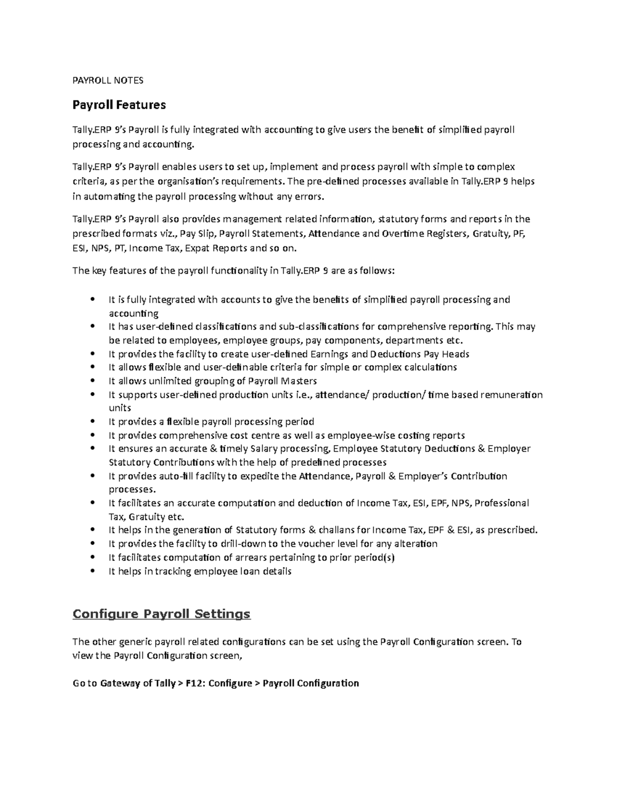 Payroll Notes - THIS IS DOCUMENT - PAYROLL NOTES Payroll Features Tally ...