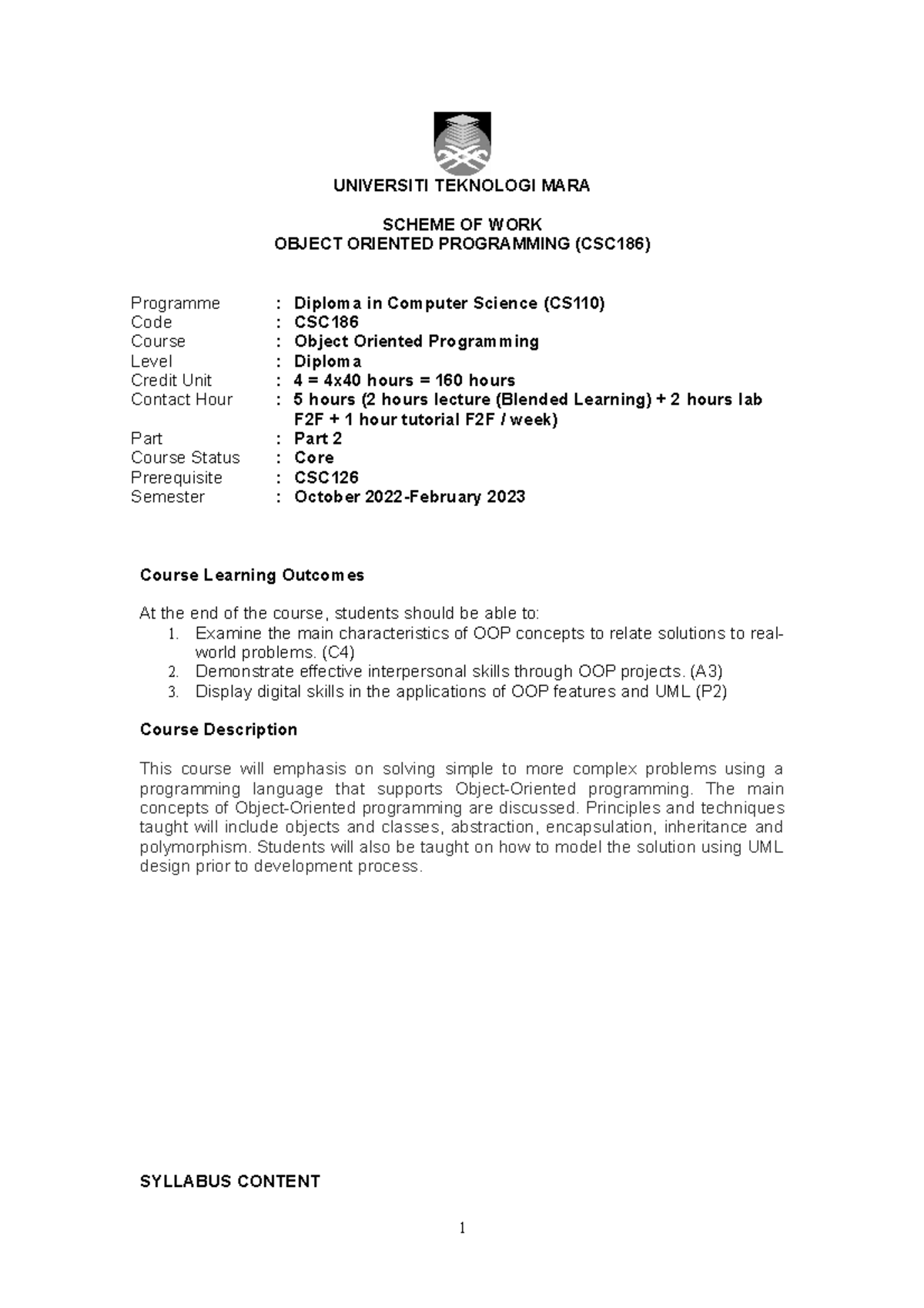 CSC186-Scheme Of Work Oct2022Feb2023 - UNIVERSITI TEKNOLOGI MARA SCHEME ...