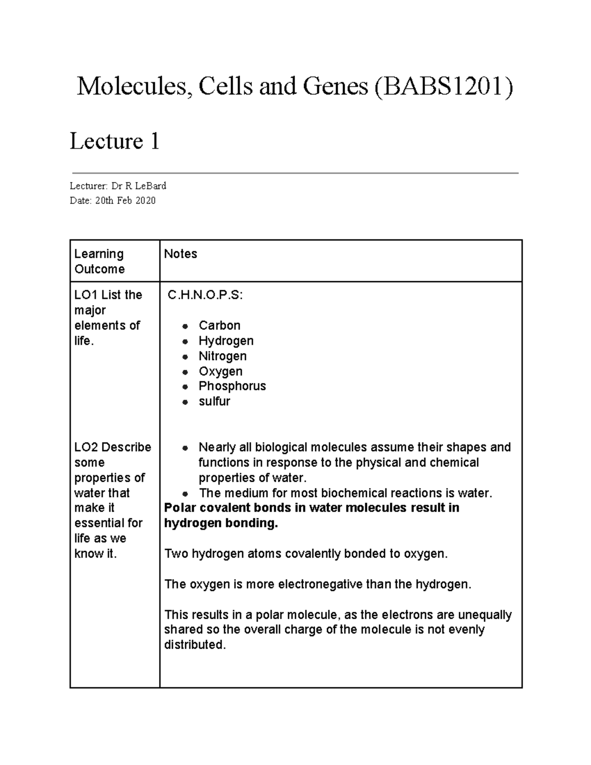 Molecules, Cells and Genes lecture notes - Molecules, Cells and Genes ...