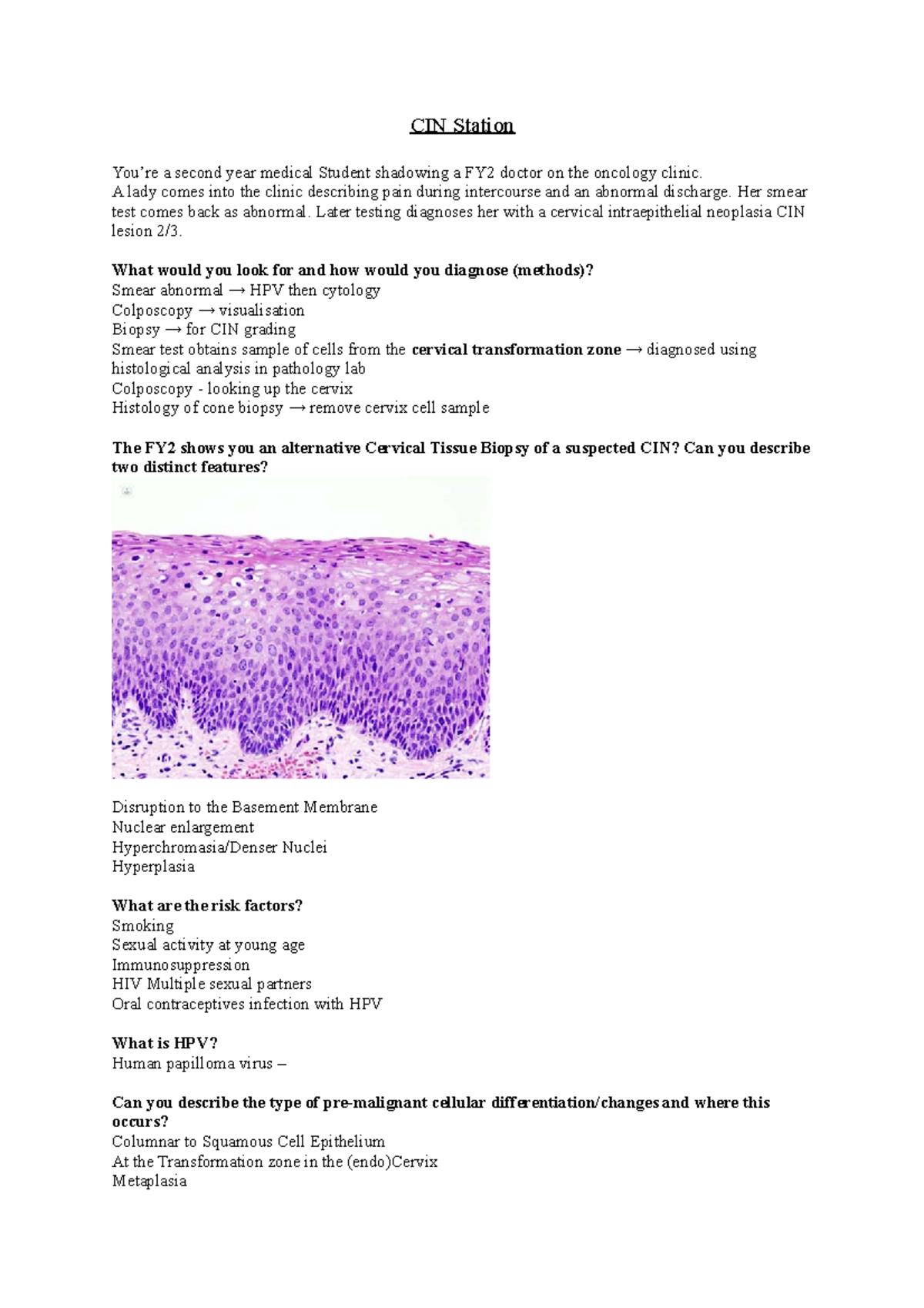 CIN Station - Cervical cancer - CIN Station You’re a second year ...