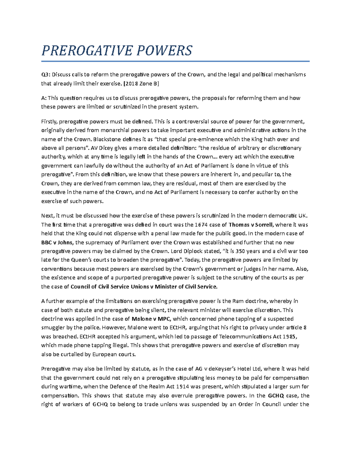 Prerogative Powers - PREROGATIVE POWERS Q3: Discuss calls to reform the prerogative powers of ...