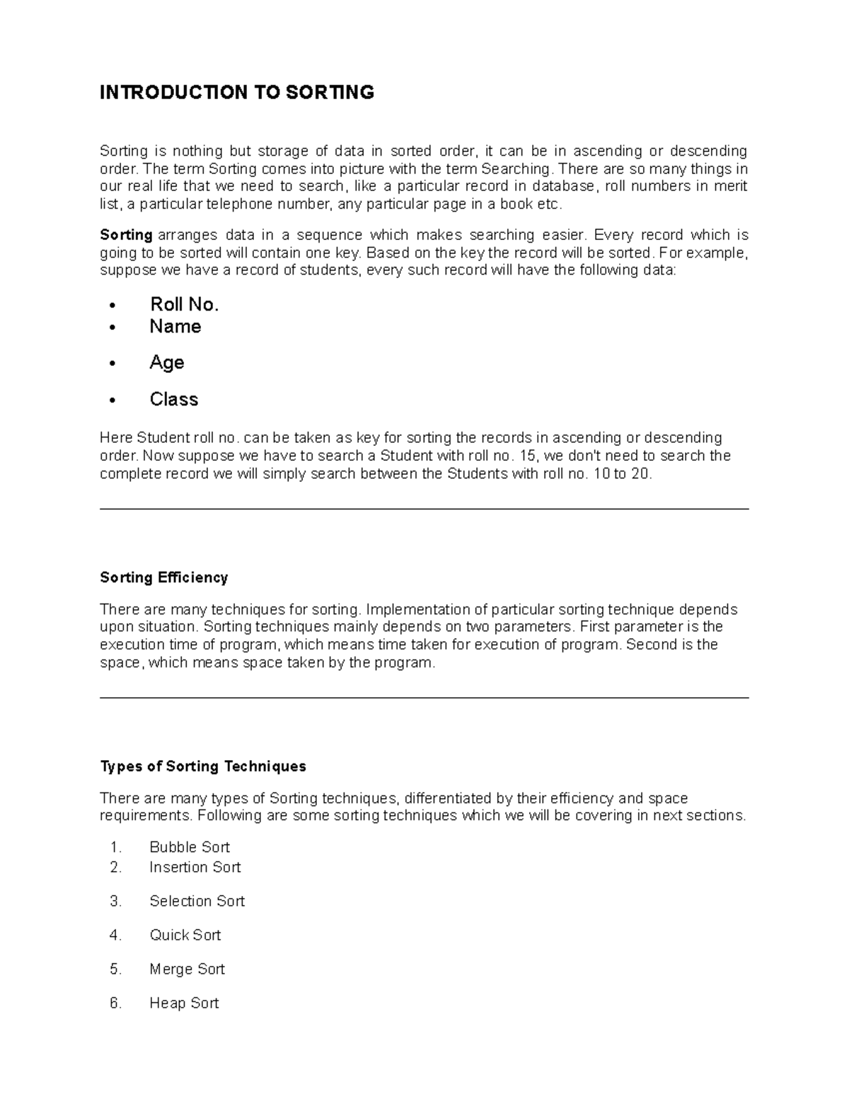 UNIT 5 Sorting - Nil - INTRODUCTION TO SORTING Sorting is nothing but storage of data in sorted ...