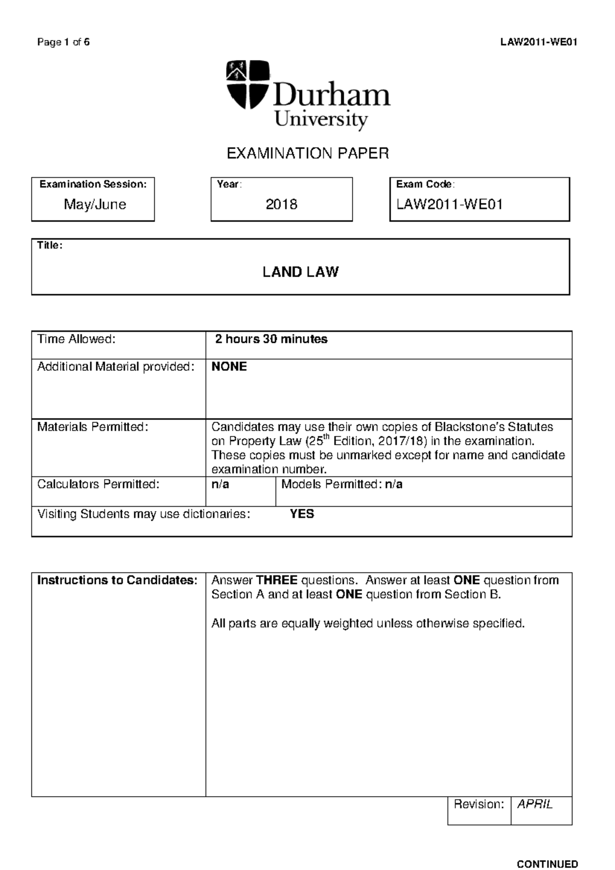 Land Law Exam 2018 Past Exam EXAMINATION PAPER Examination Session
