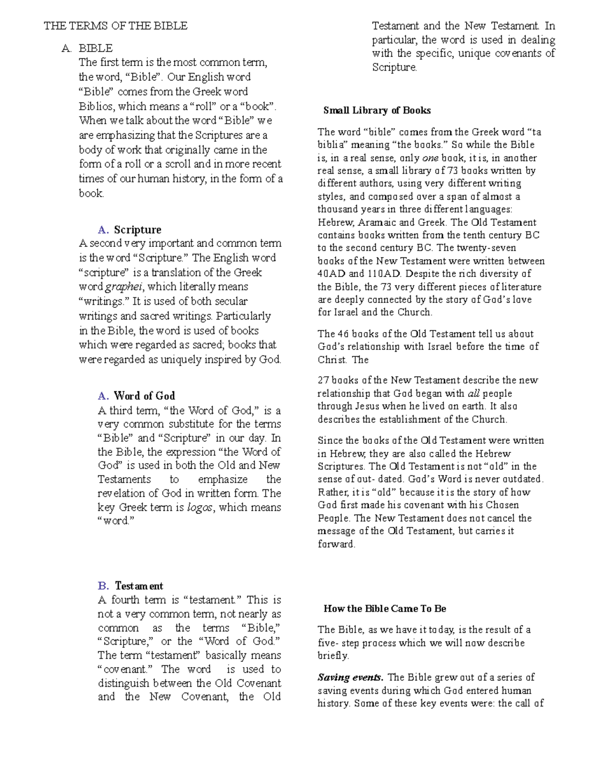 Intro TO Bible Notes - THE TERMS OF THE BIBLE A. BIBLE The first term ...
