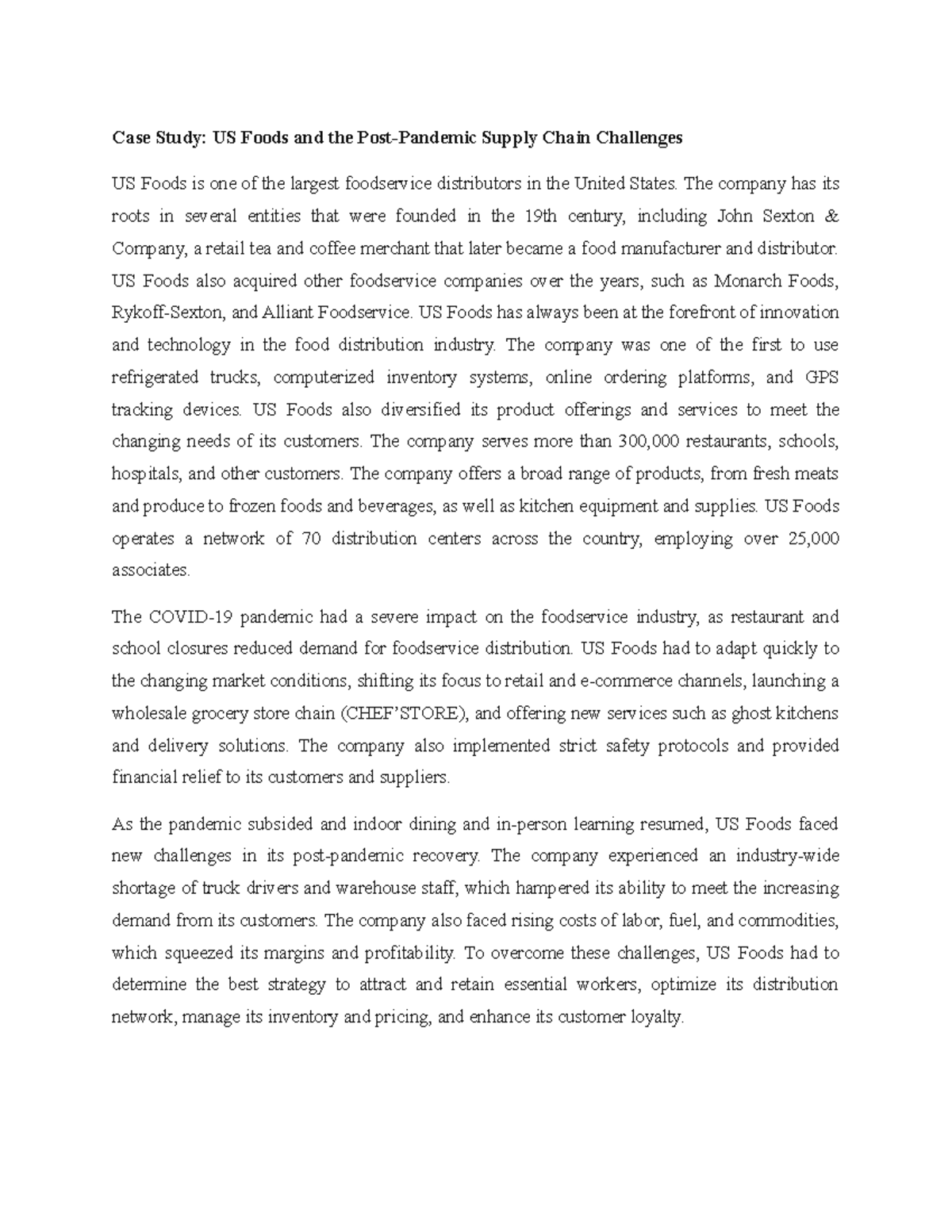 Logistics service quality - Case Study Elearning - Case Study: US Foods ...