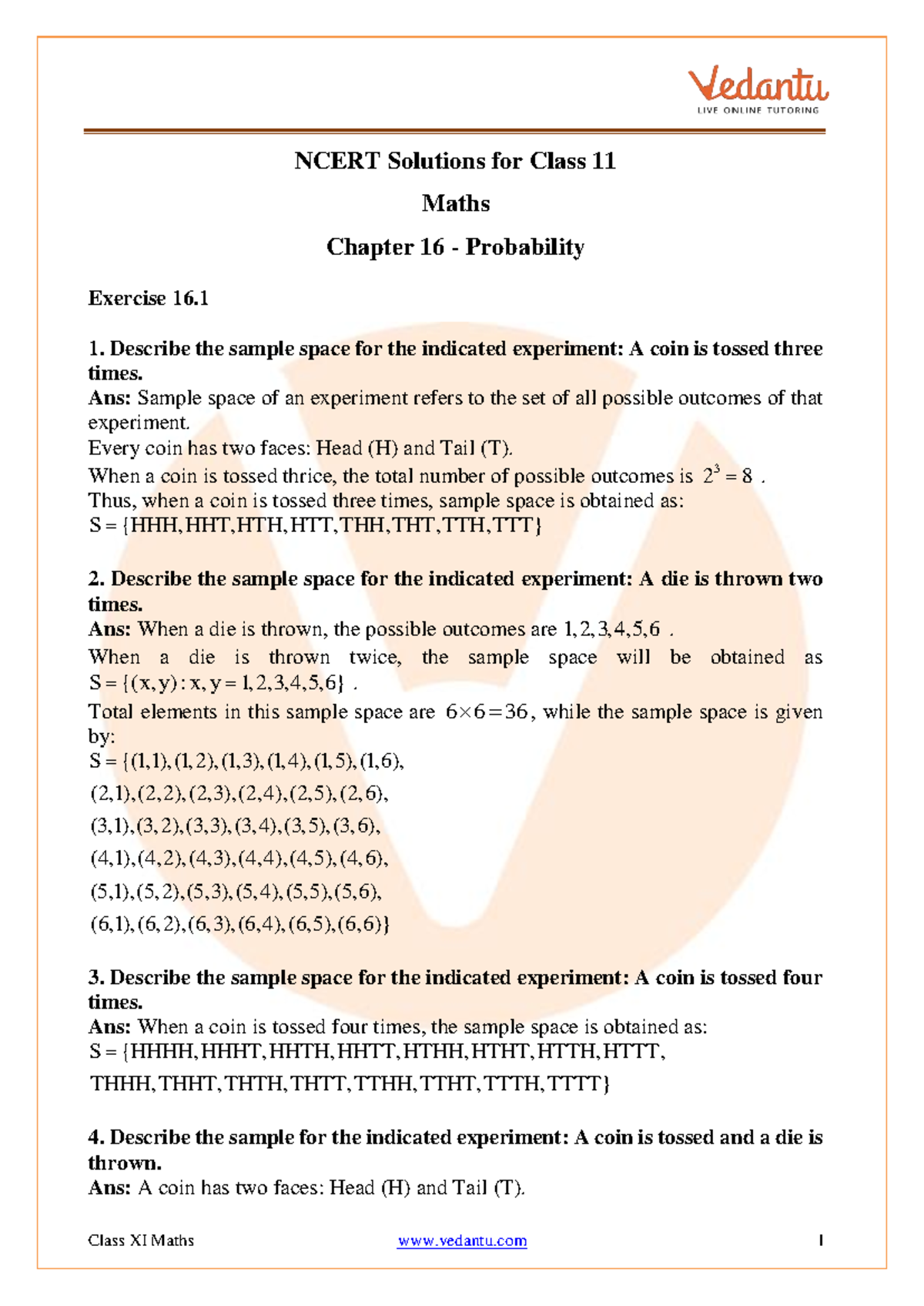 Class 11 - Maths - Probability - NCERT Solutions for Class 11 Maths ...