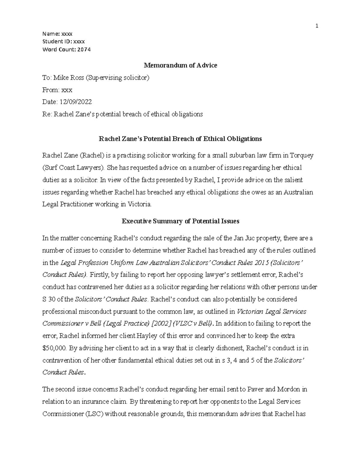 Memorandum of Advice - Grade - Distinction - Name: xxxx Student ID ...