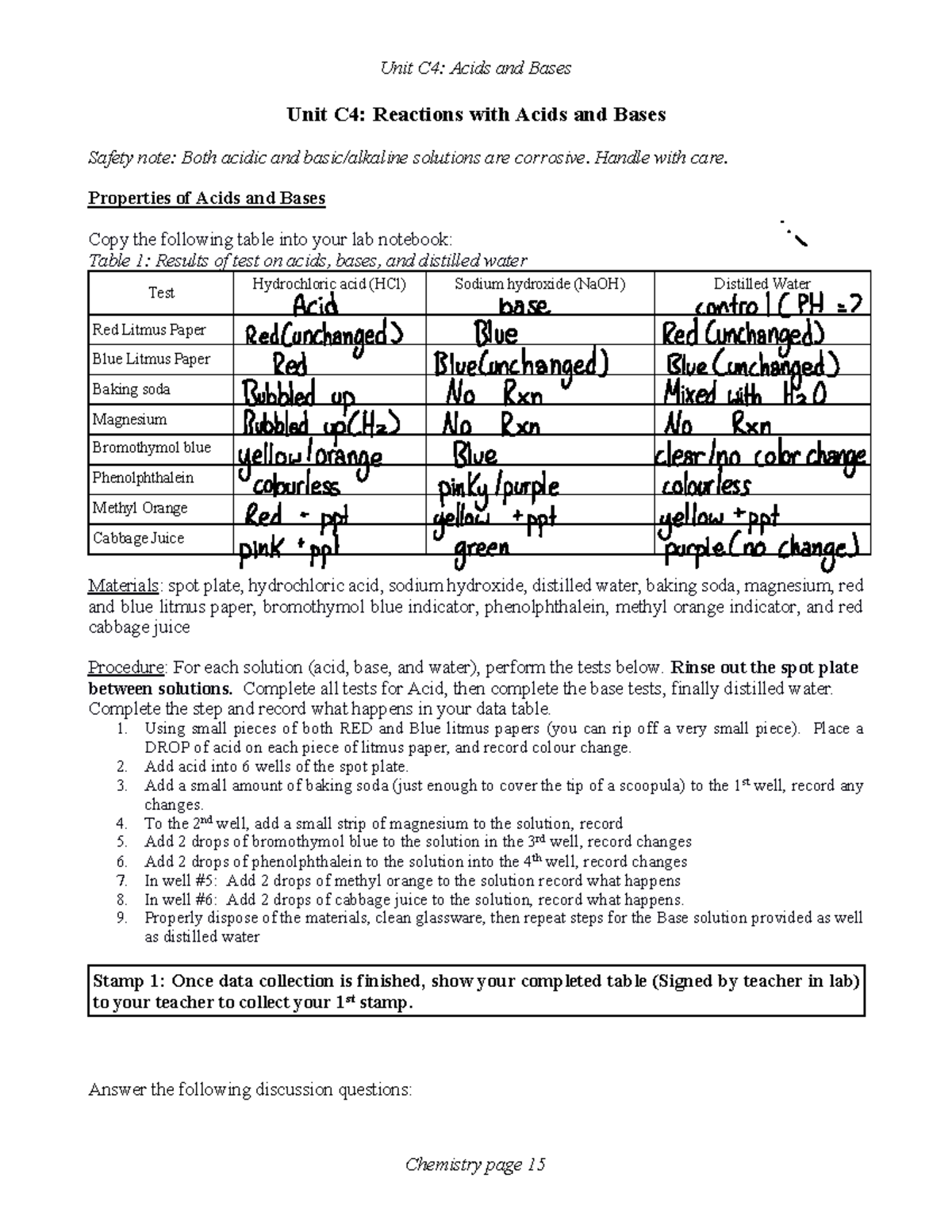 SNC 2D Monday Nov 13 - Stamp - Unit C4: Acids and Bases Chemistry page ...