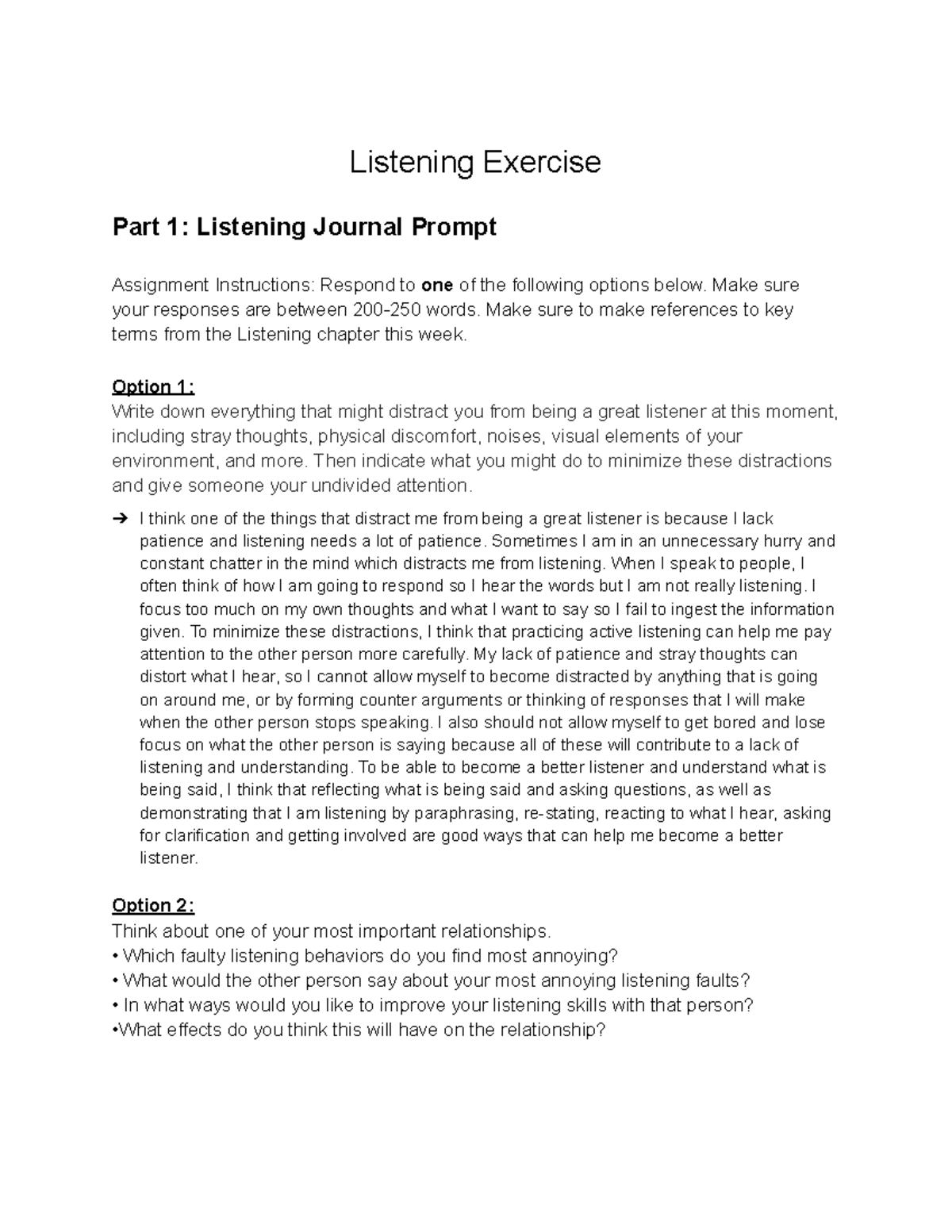 COMM 100 - Listening Exercise - Listening Exercise Part 1: Listening ...