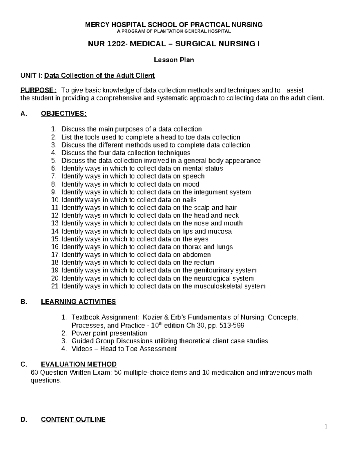 Health Assessment - notes for class - MERCY HOSPITAL SCHOOL OF ...