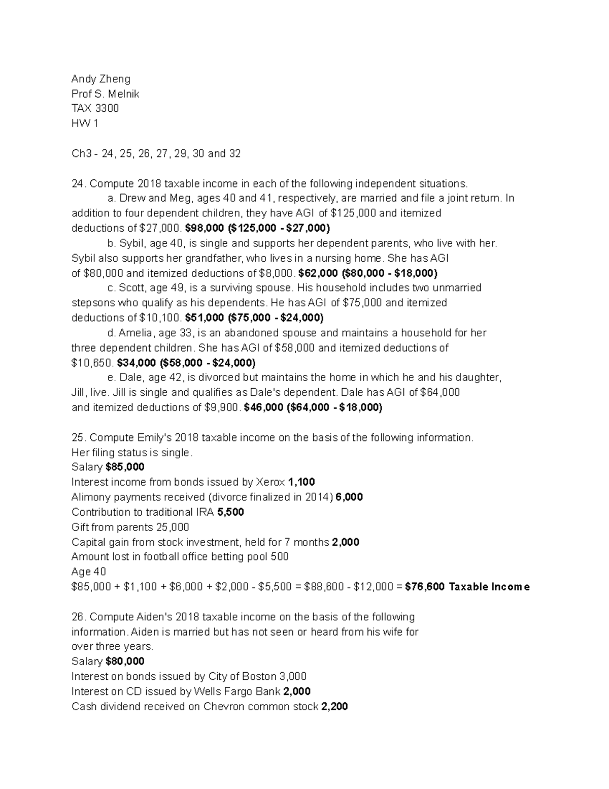 Taxation HW1 - homework - Andy Zheng Prof S. Melnik TAX 3300 HW 1 Ch3 ...