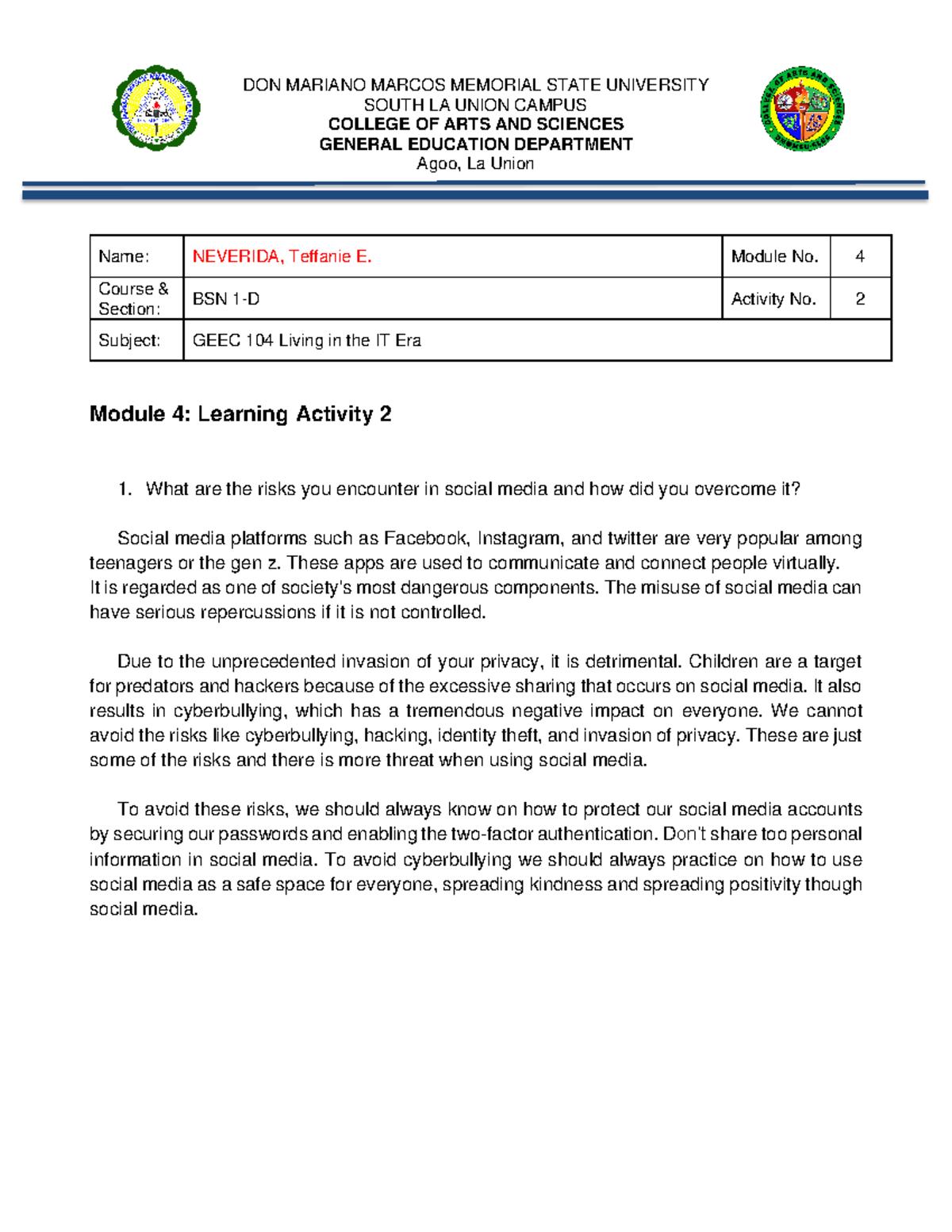 M4 Learning Activity 2 - DON MARIANO MARCOS MEMORIAL STATE UNIVERSITY SOUTH LA UNION CAMPUS ...