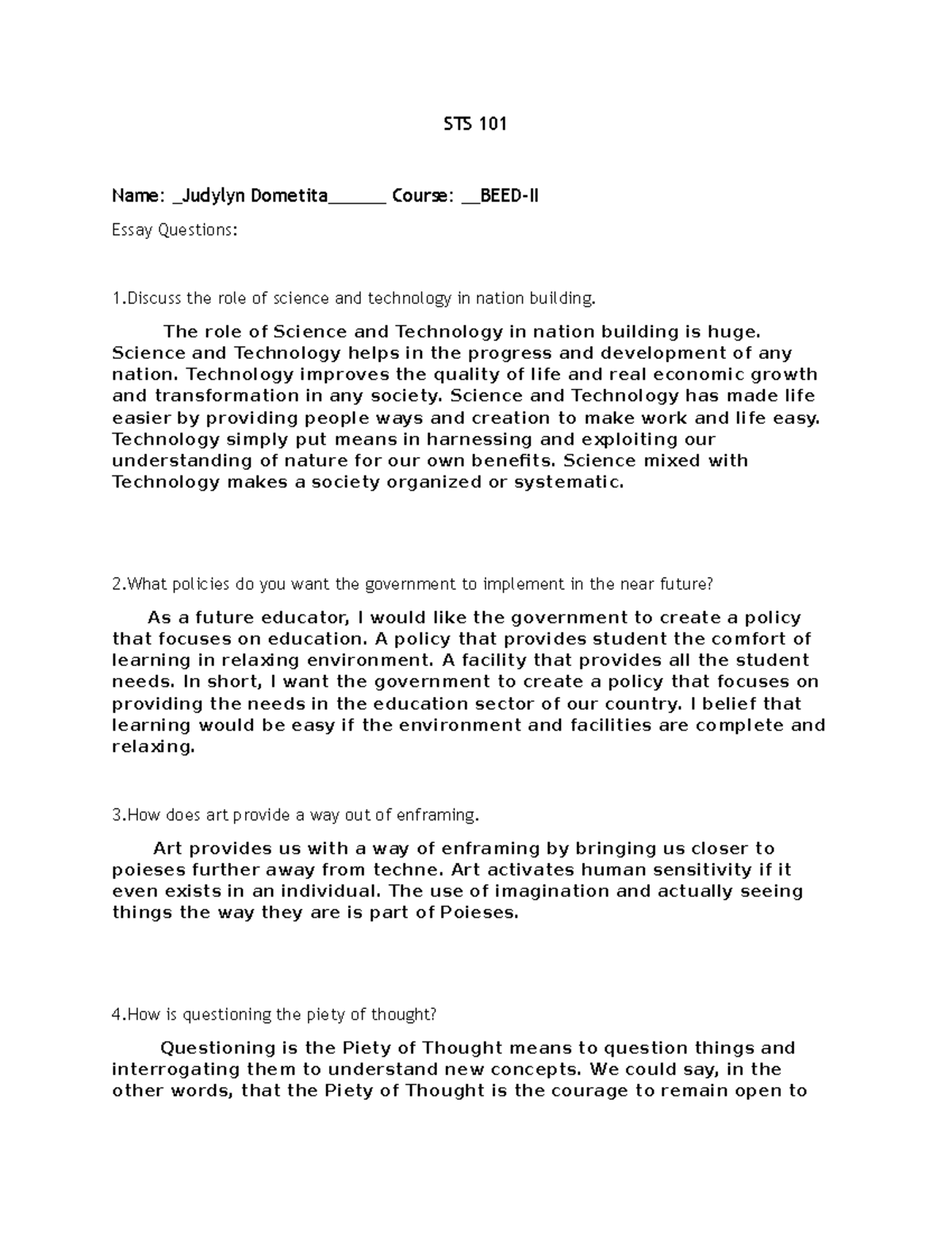 Dometita, Judylyn STS 101 Essay - STS 101 Name: Judylyn Dometita ...