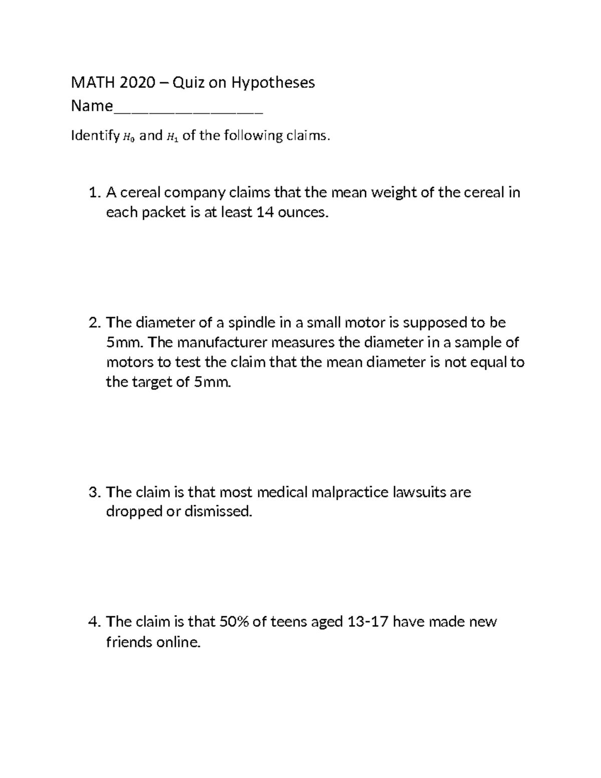 Hypotheses Quiz - blank practice quiz - MATH 2020 – Quiz on Hypotheses ...
