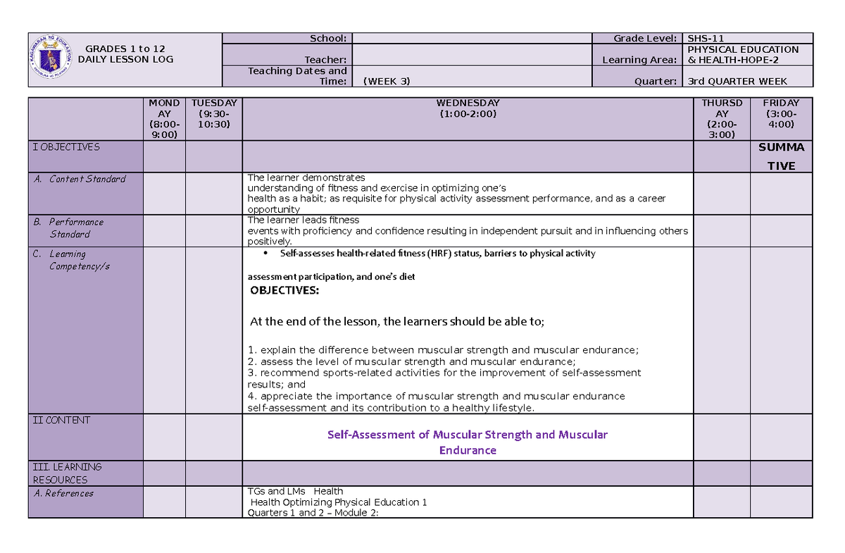Q3-DLL-HOPE 2 WEEK 3 Self-Assessment of Muscular Strength and Muscular ...