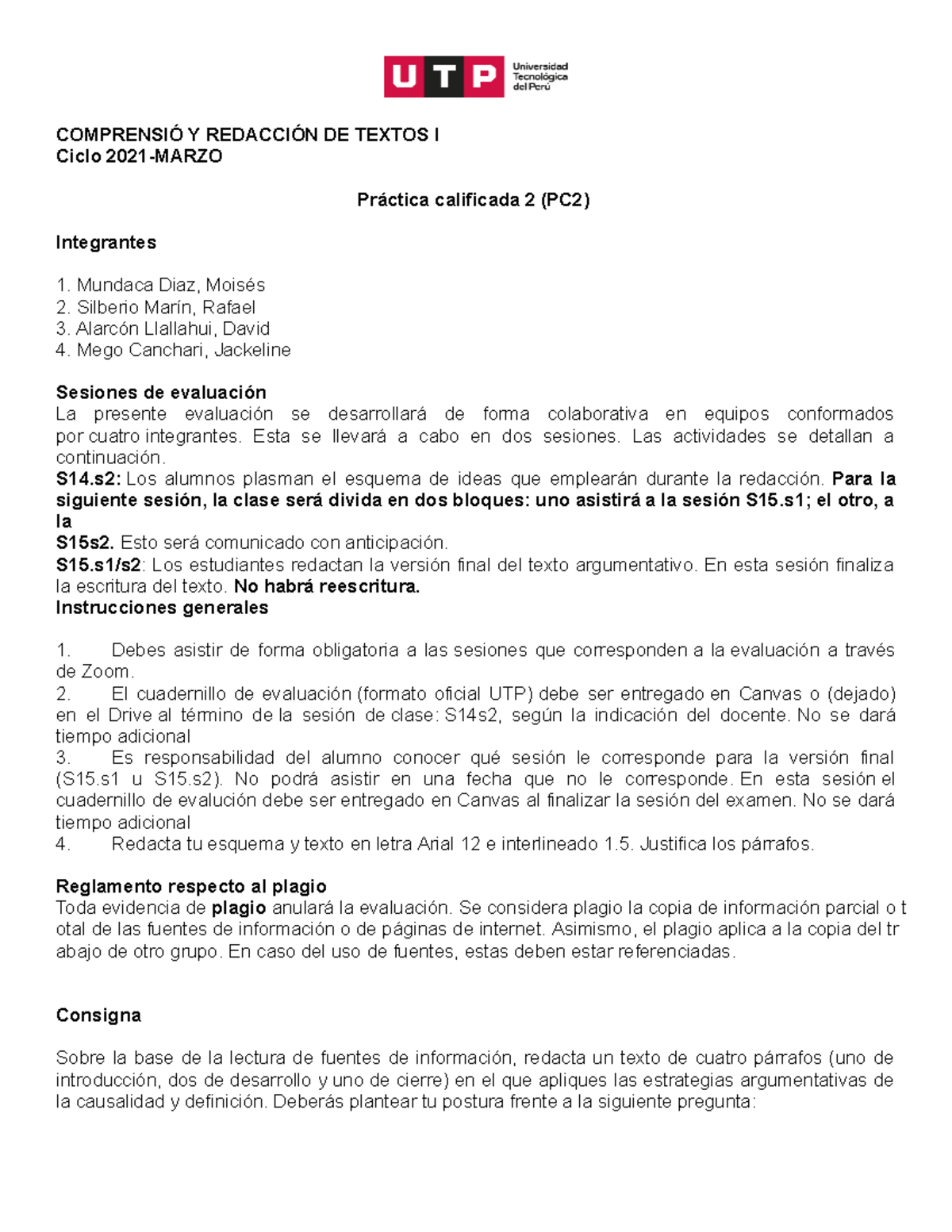 S15 Práctica Calificada 2 (Formato oficial UTP) 2021-marzo - COMPRENSIÓ Y REDACCIÓN DE TEXTOS I ...